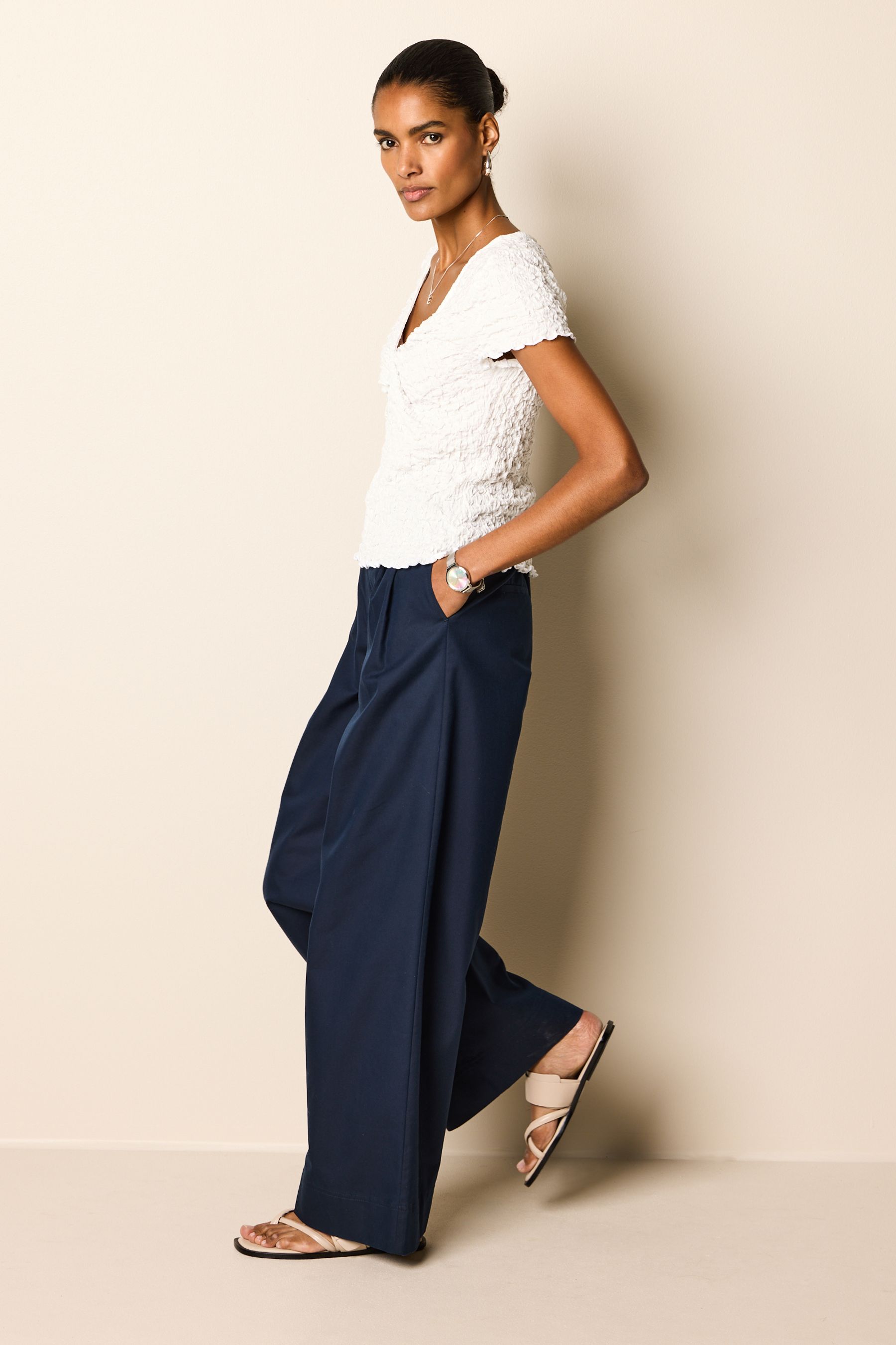Buy Navy Blue Cotton Mix Smart Wide Leg Trousers from Next Ireland