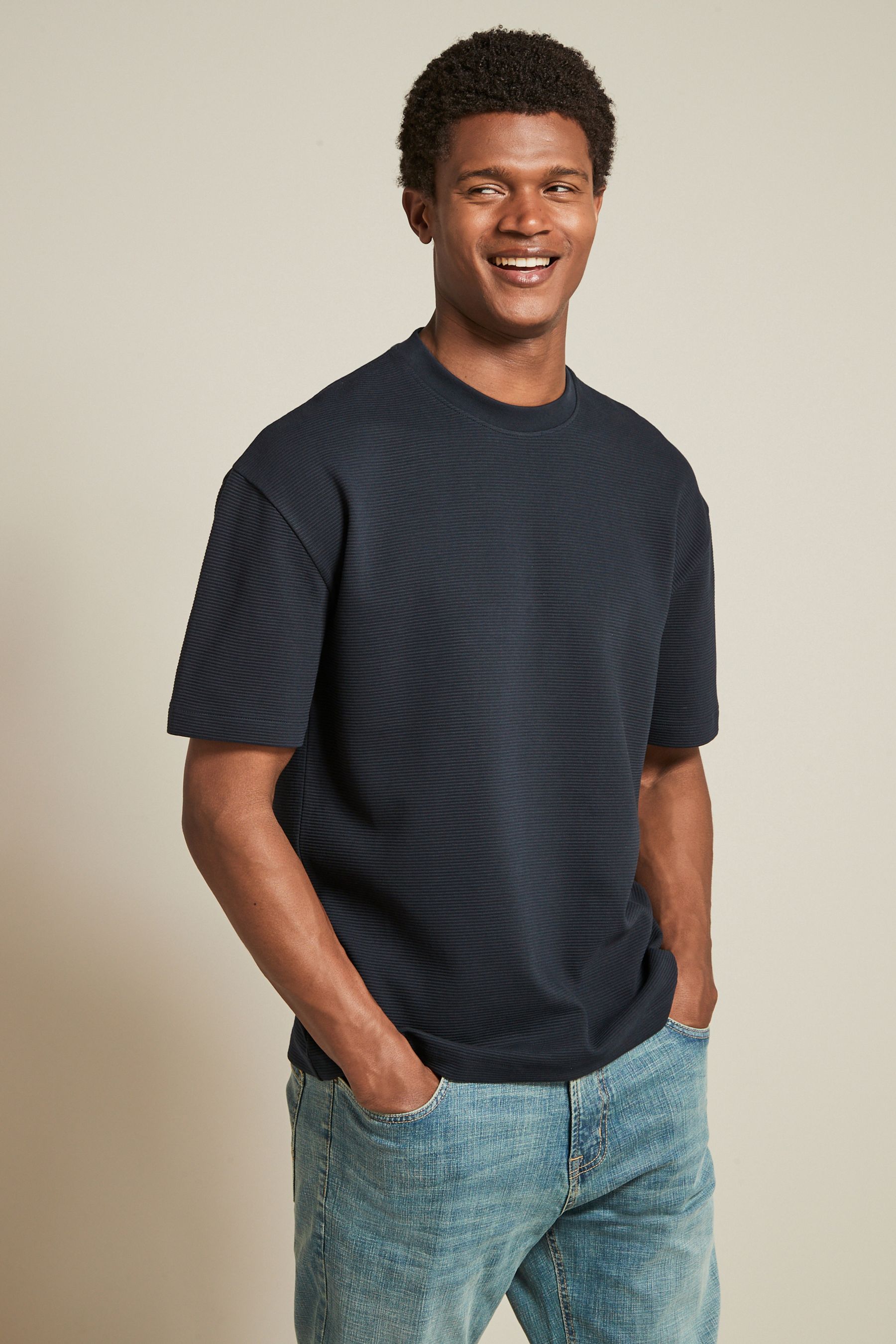 Buy Navy/White/Stone 3 Pack Relaxed Fit Ottoman Texture 100% Cotton T ...