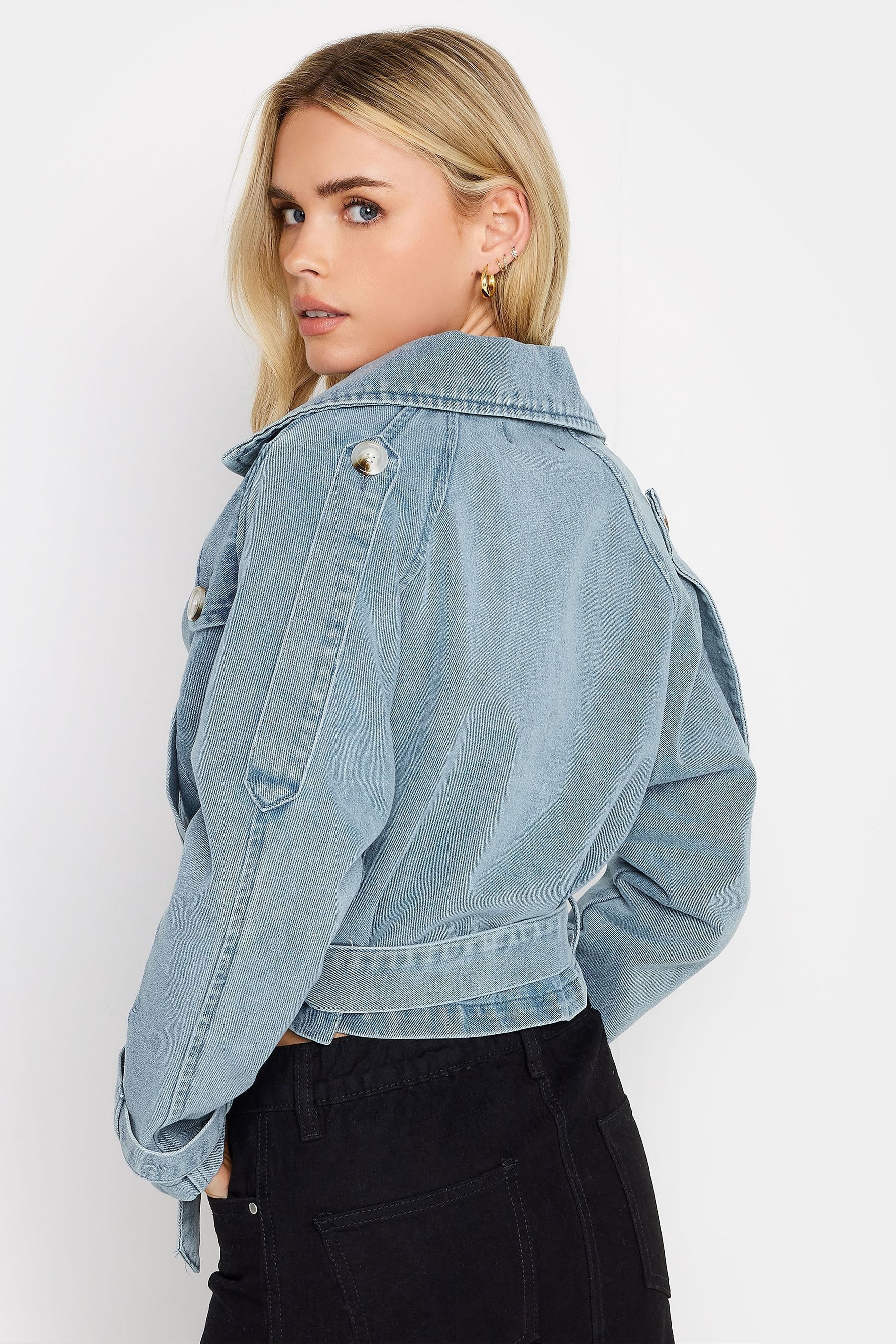 Buy PixieGirl Petite Blue Denim Cropped Trench Jacket from Next Ireland