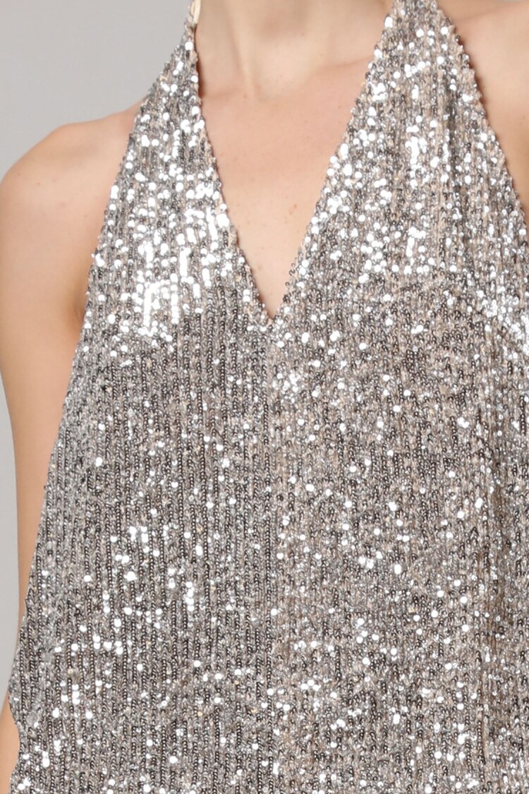 Buy Religion Silver Metallic Sequin Backless Top With Halter Neck from ...