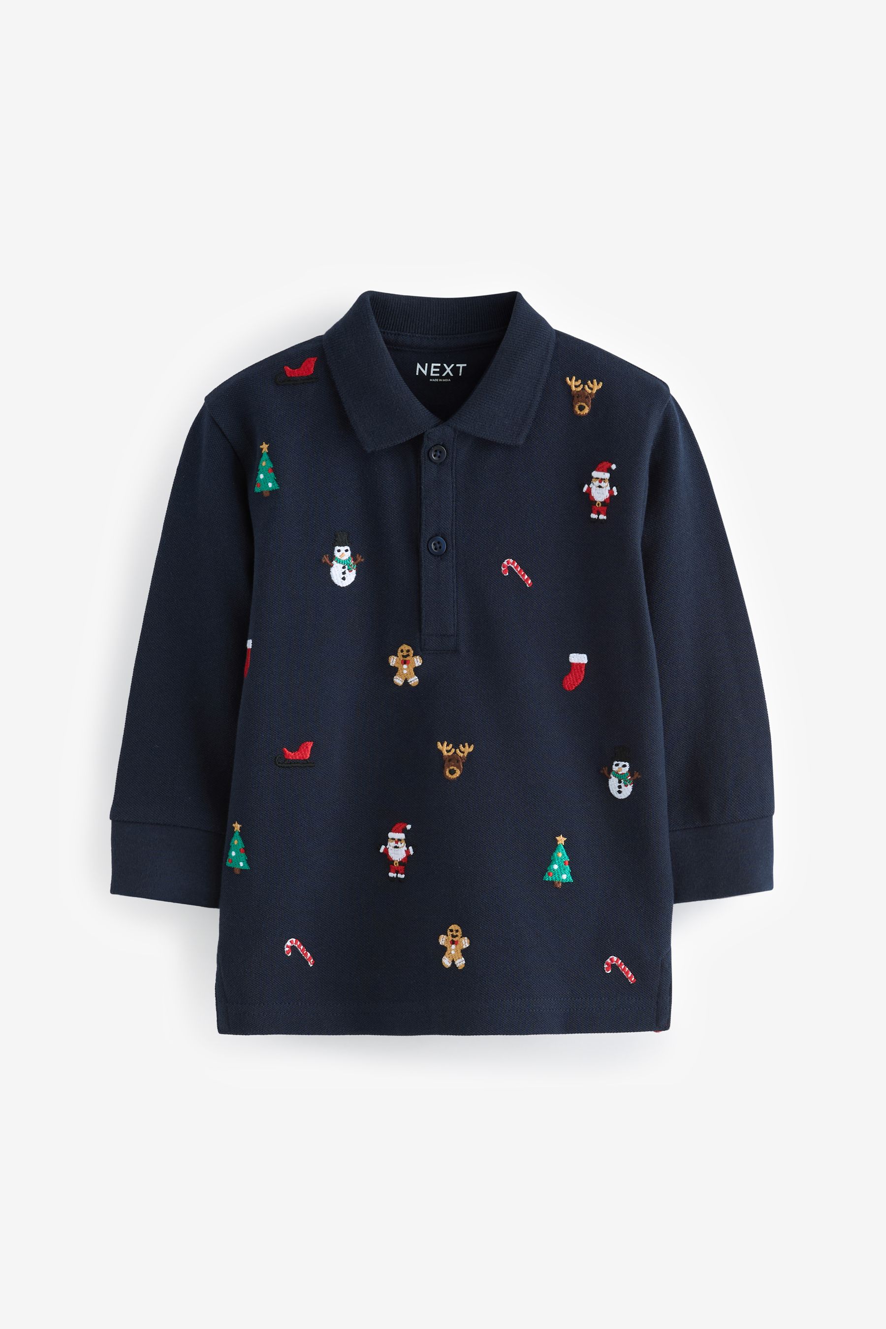 Buy Navy Blue Christmas Long Sleeve 100% Cotton All-Over Embroidered ...