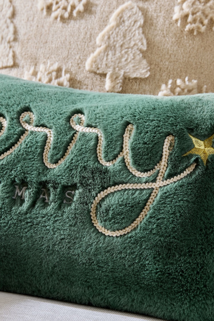 Buy Dark Green Merry Christmas Embroidered Faux Fur Rectangular Cushion ...