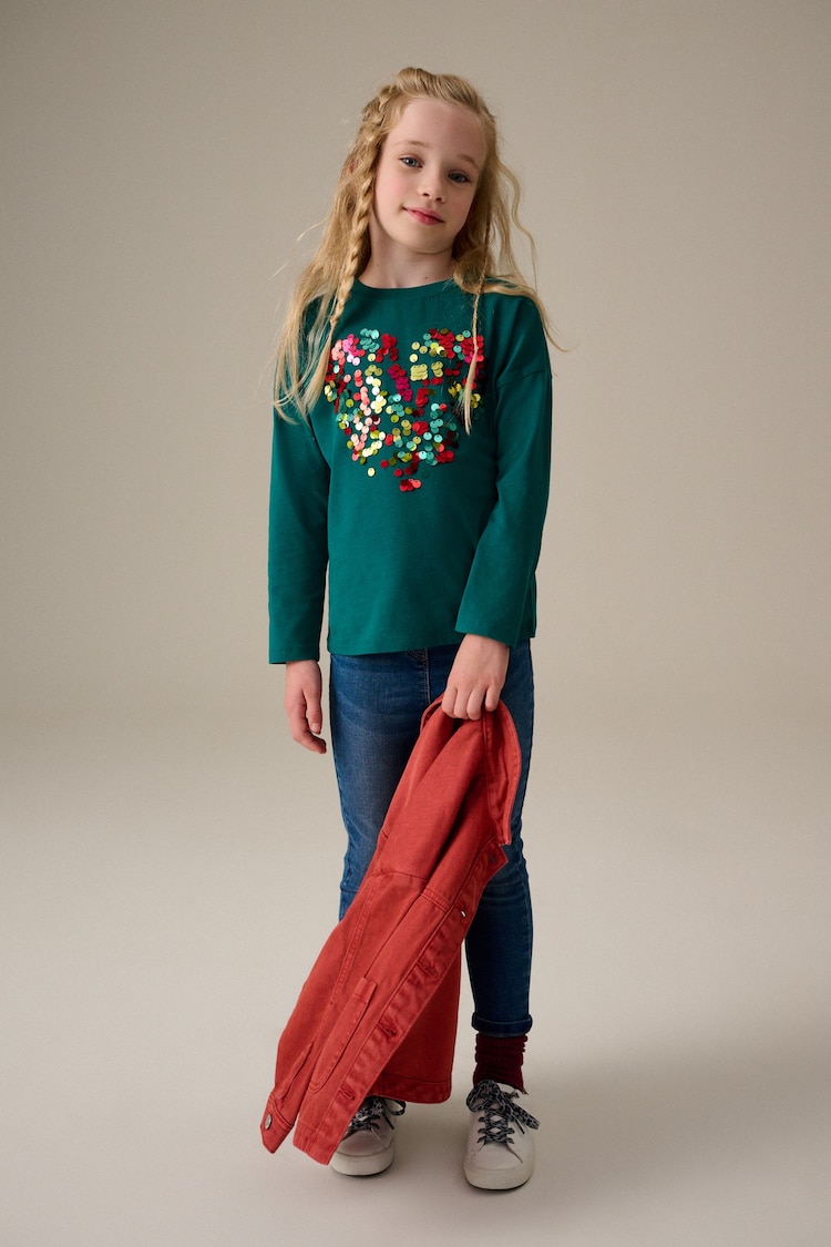 Buy Green 100% Cotton Sequin Heart Long Sleeve T-Shirt (3-16yrs) from Next USA