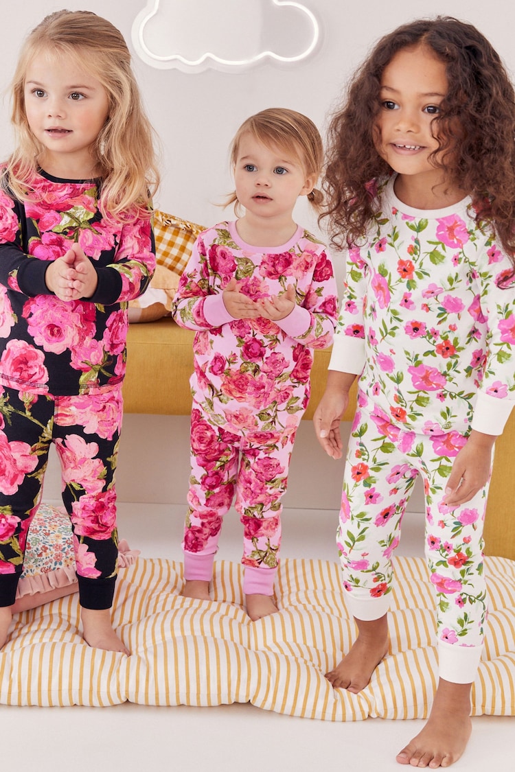 Buy Pink/Black 3 Pack 100% Cotton Floral Snuggle Pyjamas (9mths-16yrs ...