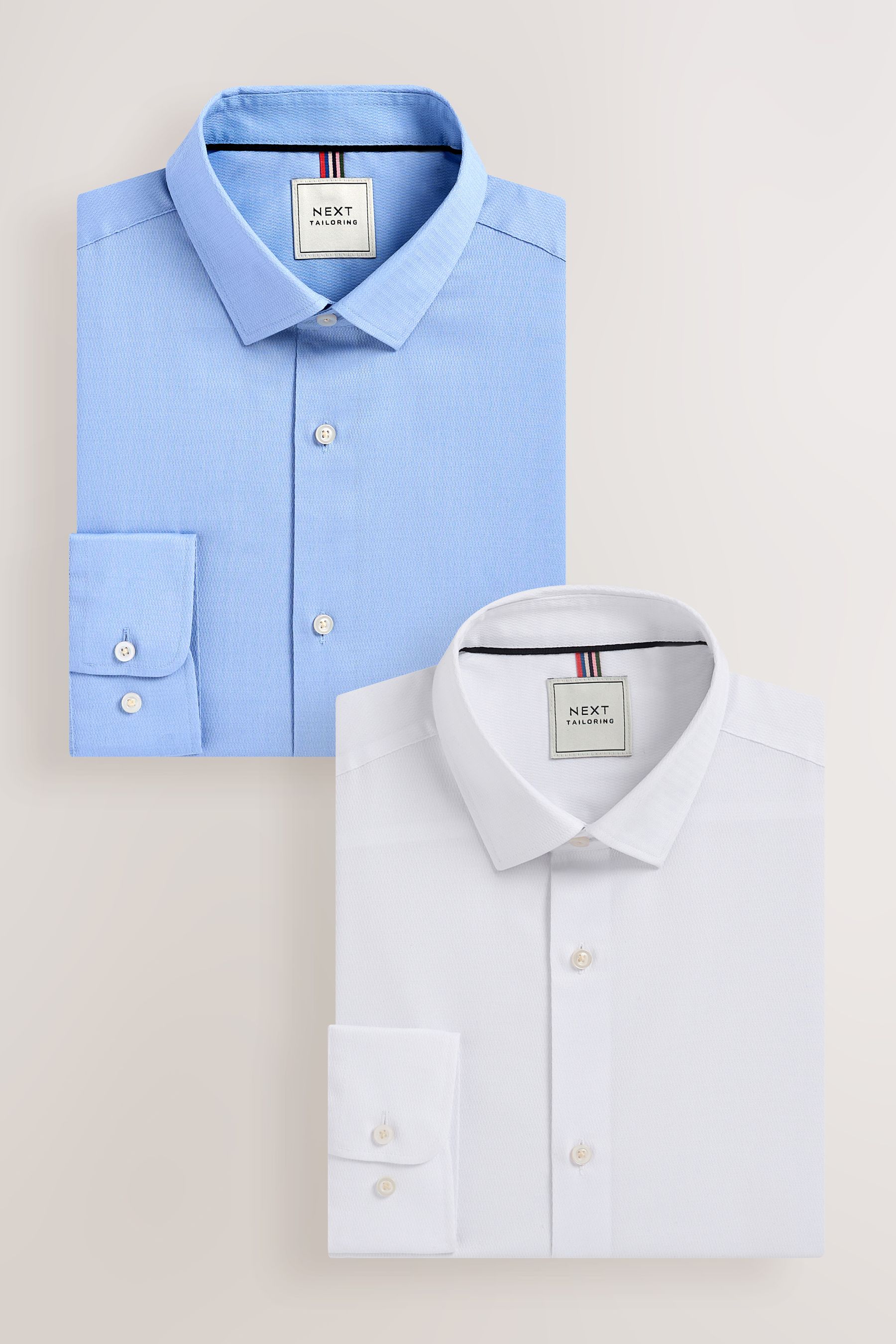 Buy White/Blue Easy Care Textured Slim Fit Single Cuff Shirts 2 Pack ...