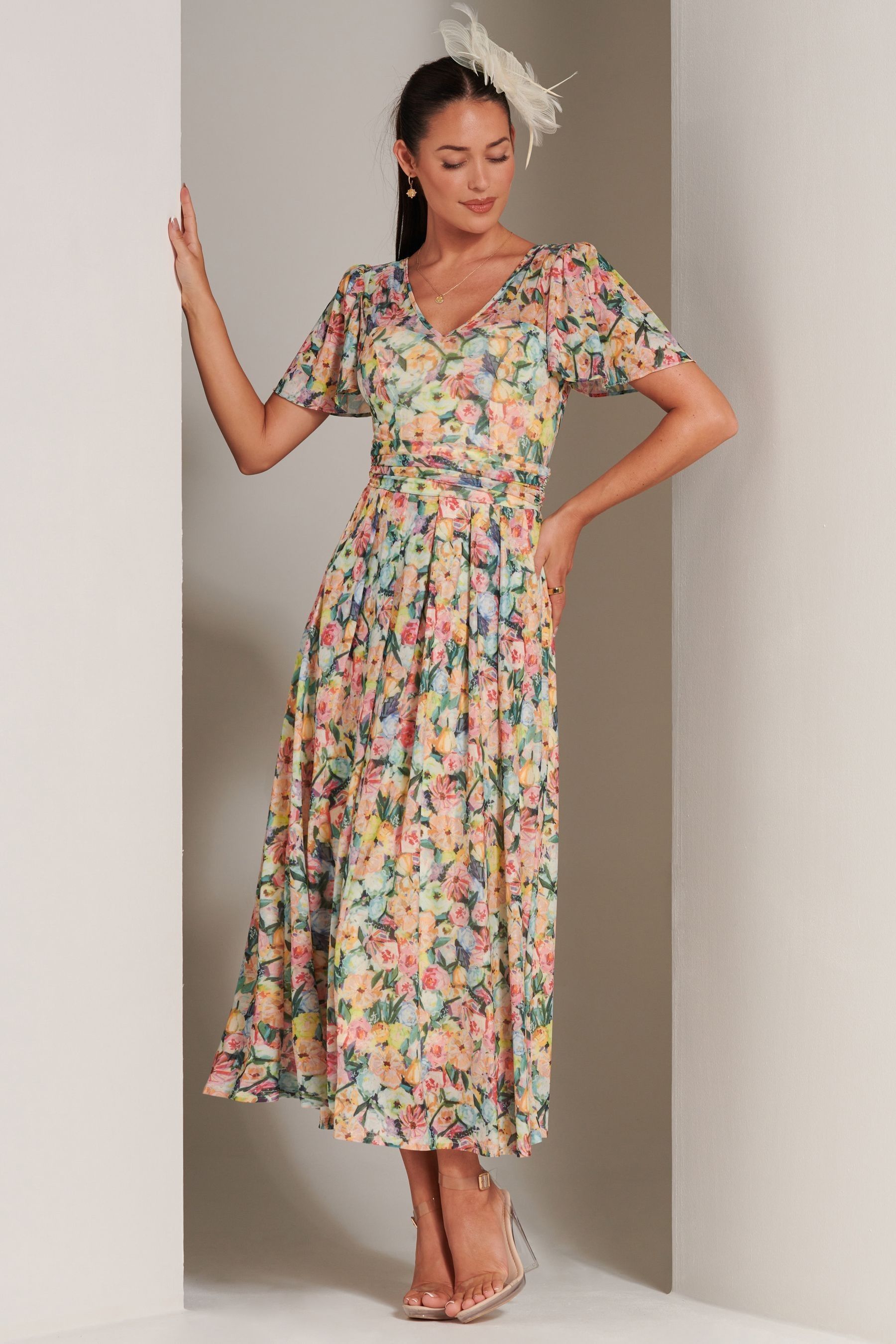 Buy Jolie Moi Yellow Bianca V-Neck Pleated Mesh Maxi Dress from the ...