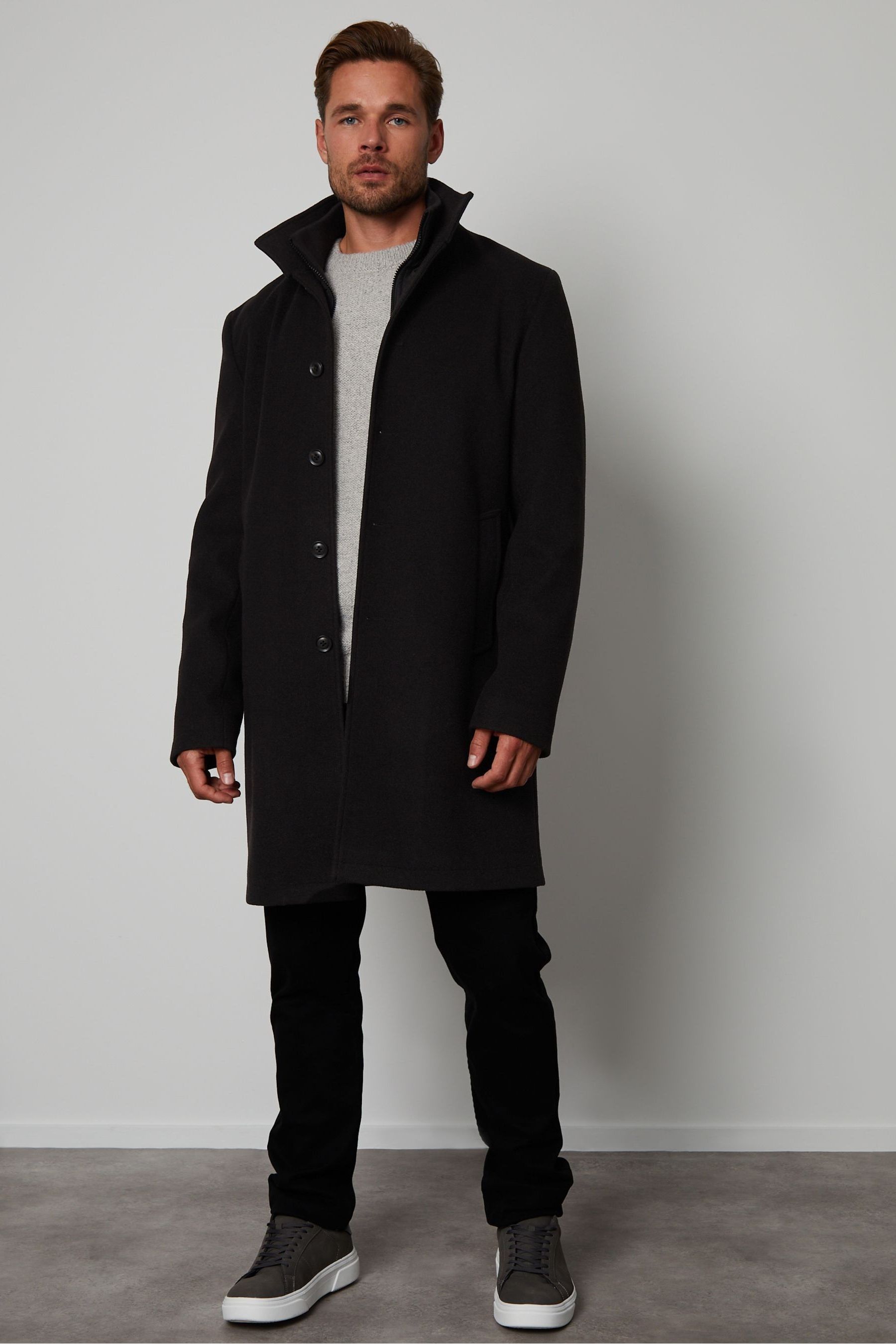 Buy Threadbare Black Luxe Funnel Neck Coat with Mock Layer from the ...