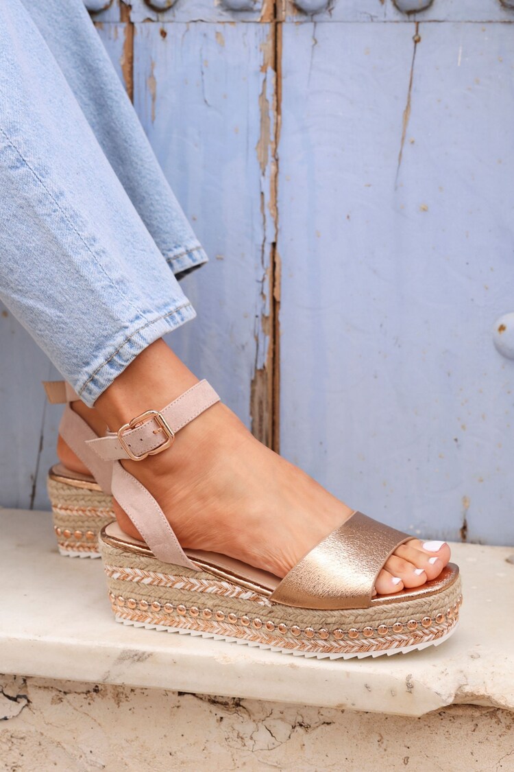 Buy Linzi Gold Disco Espadrille Inspired Wedges With Trim Detail from ...