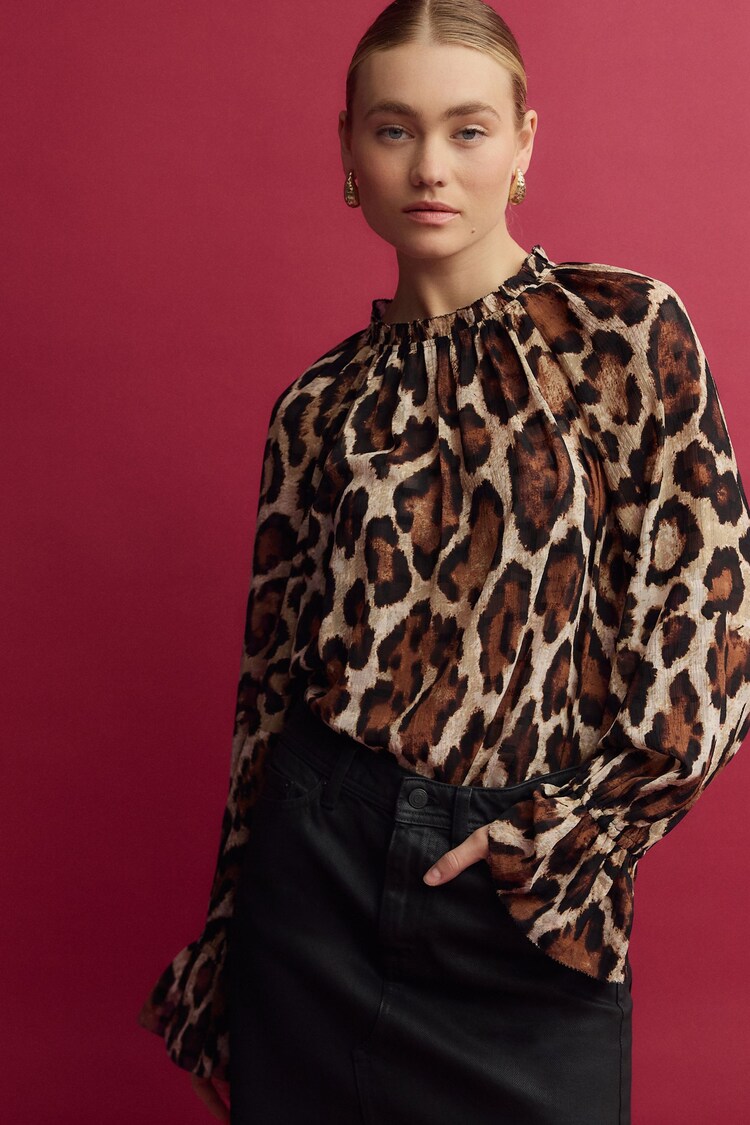 Buy Brown Animal Print Volume Long Sleeve Blouse from the Next UK ...