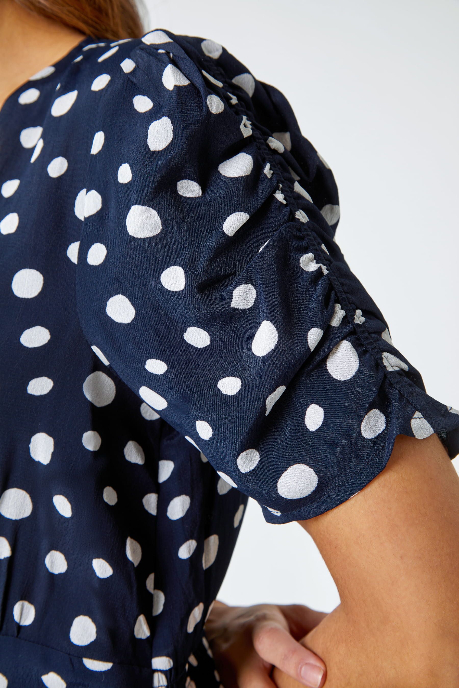 Buy Roman Blue Polka Dot Ruched Sleeve Midi Dress from the Next UK ...