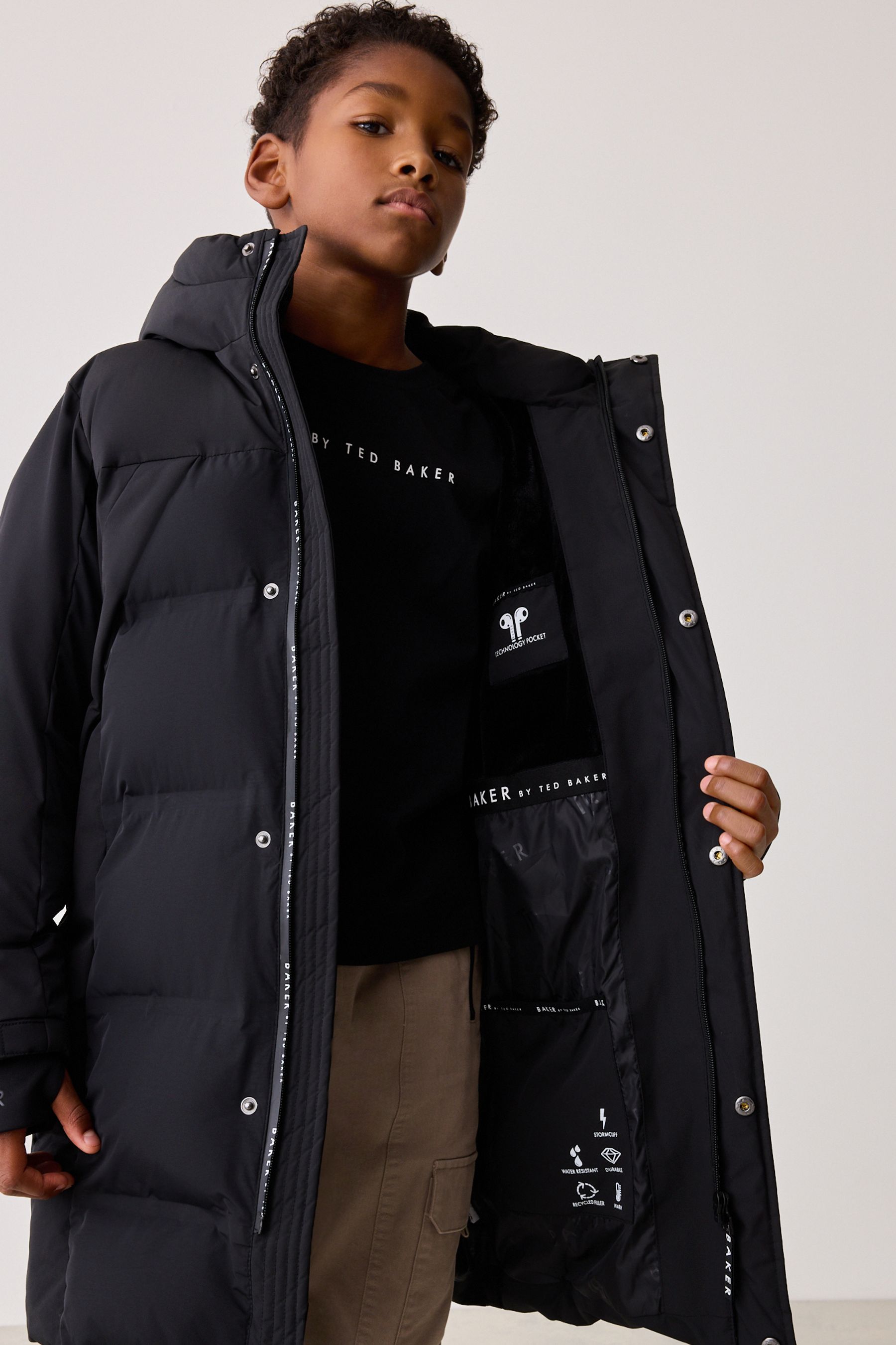 Buy Baker by Ted Baker Shower Resistant Longline Padded Black Coat from ...