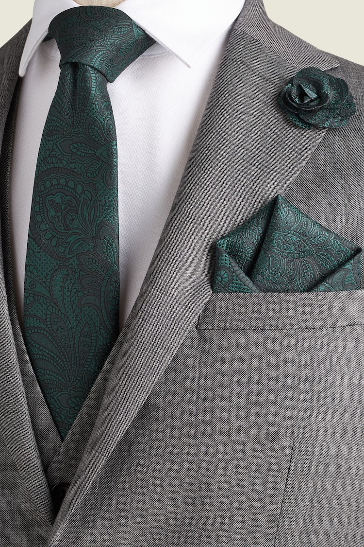Buy Forest Green Textured Paisley Tie, Pocket Square And Pin Set from ...