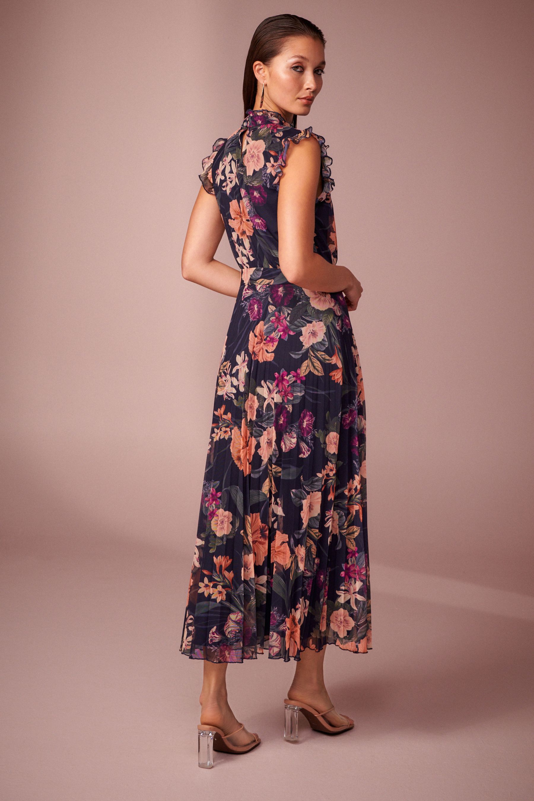 Buy Navy Floral Print Pleated Mesh Floral Occasion Midi Dress from the ...