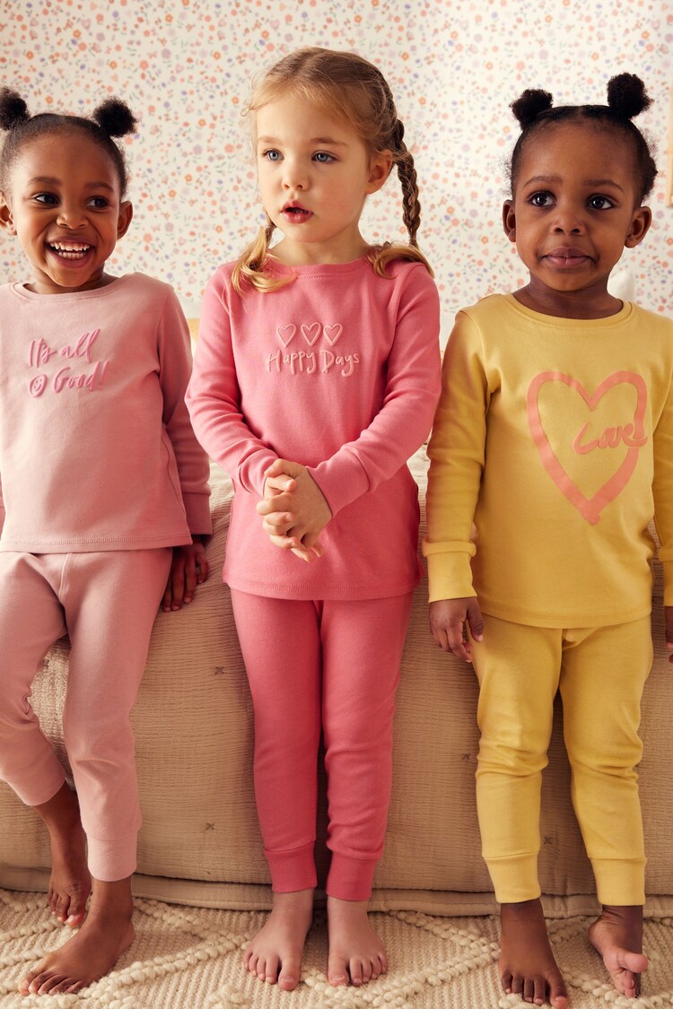 Buy Pink/Yellow Slogan 3 Pack 100% Cotton Printed Snuggle Pyjamas (9mths-12yrs) from the Next UK ...