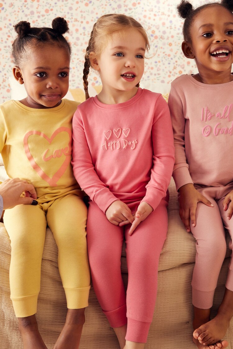 Buy Pink/Yellow Slogan 3 Pack 100% Cotton Printed Snuggle Pyjamas (9mths-12yrs) from the Next UK ...