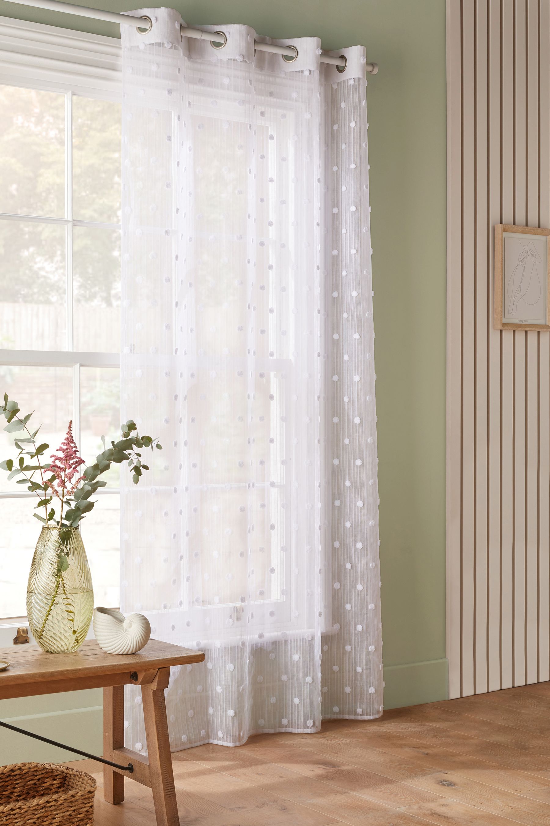 Buy White Pom Pom Eyelet Unlined Sheer Panel Voile Curtain from the ...