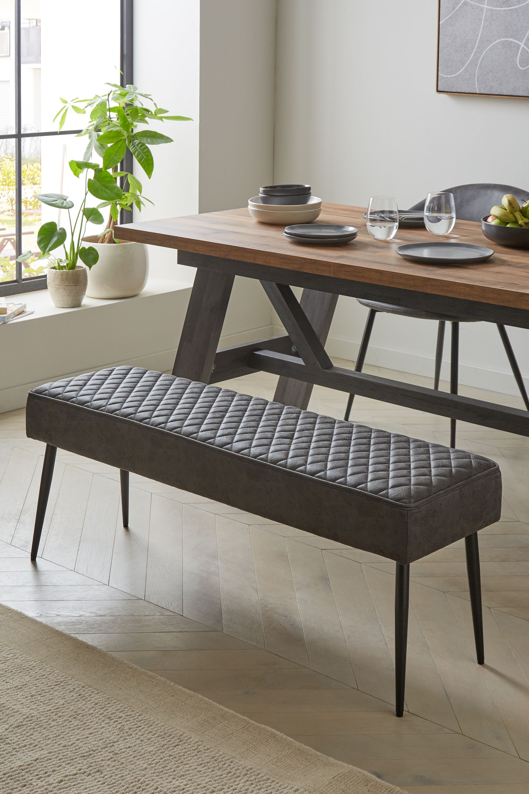Buy Monza Faux Leather Dark Grey Hamilton Quilted Dining Bench from the ...