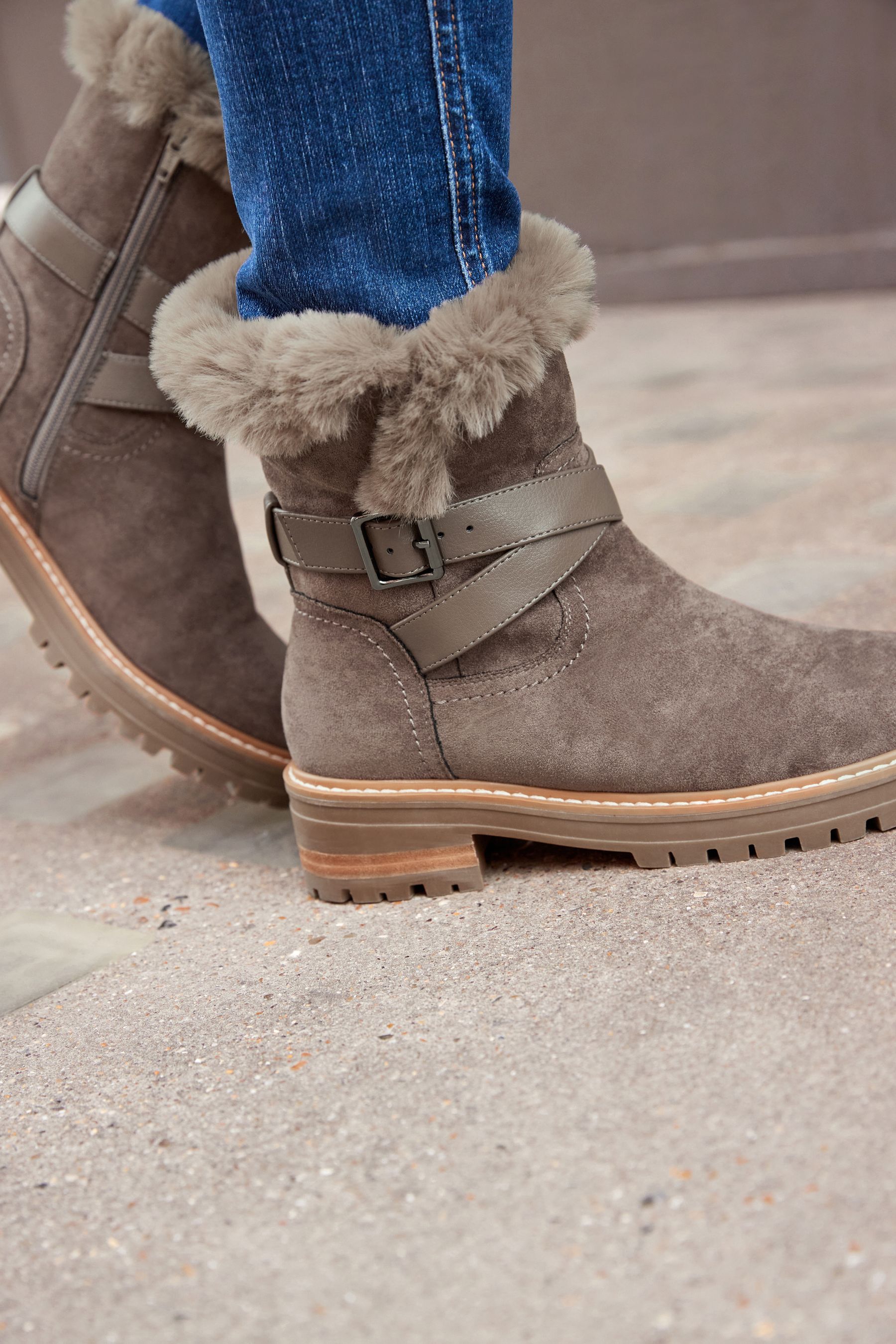 Buy Grey Forever Comfort® Faux Fur Lined Buckle Detail Boots from the ...