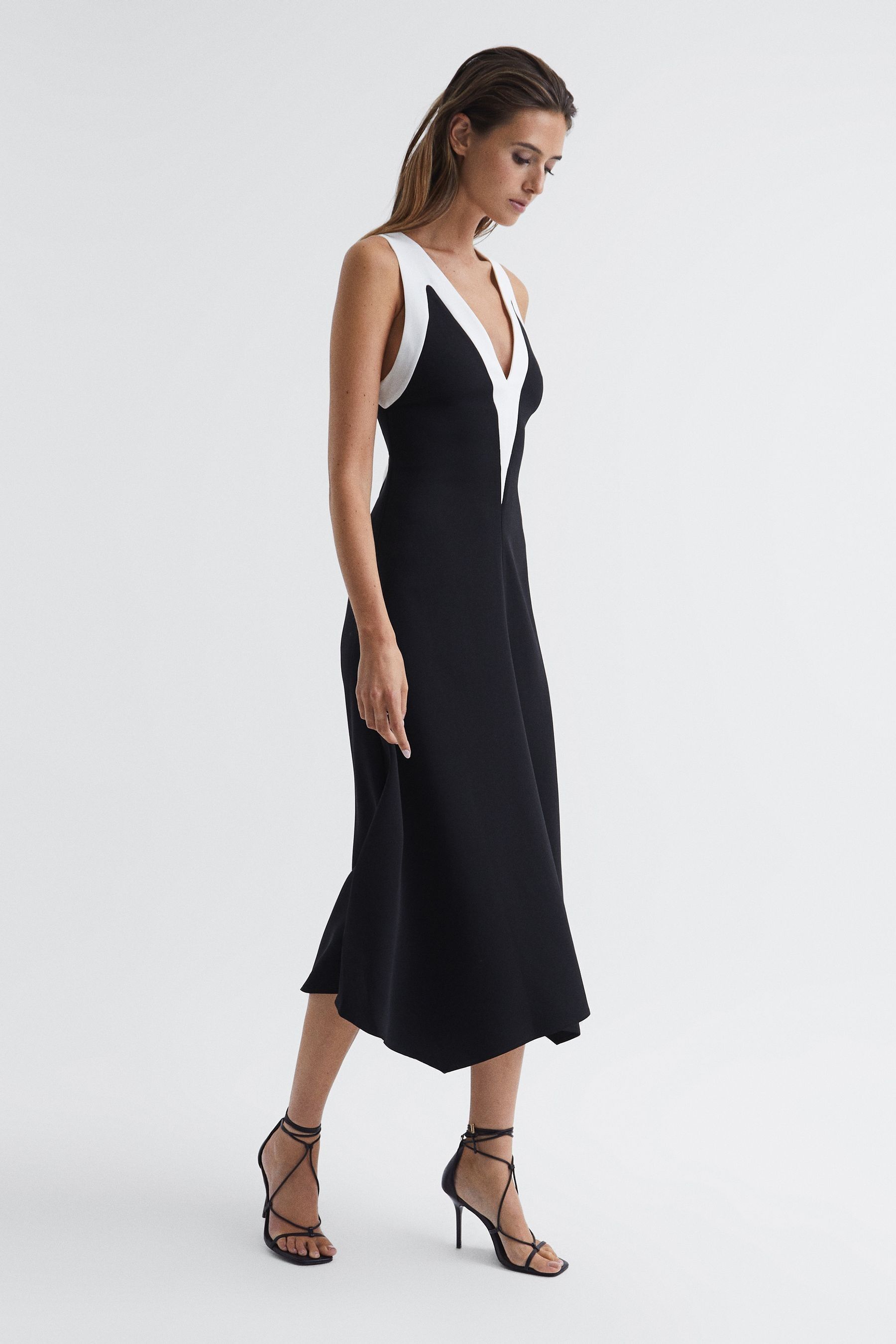 Buy Reiss Black/White Autumn Colourblock V-Neck Midi Dress from the ...