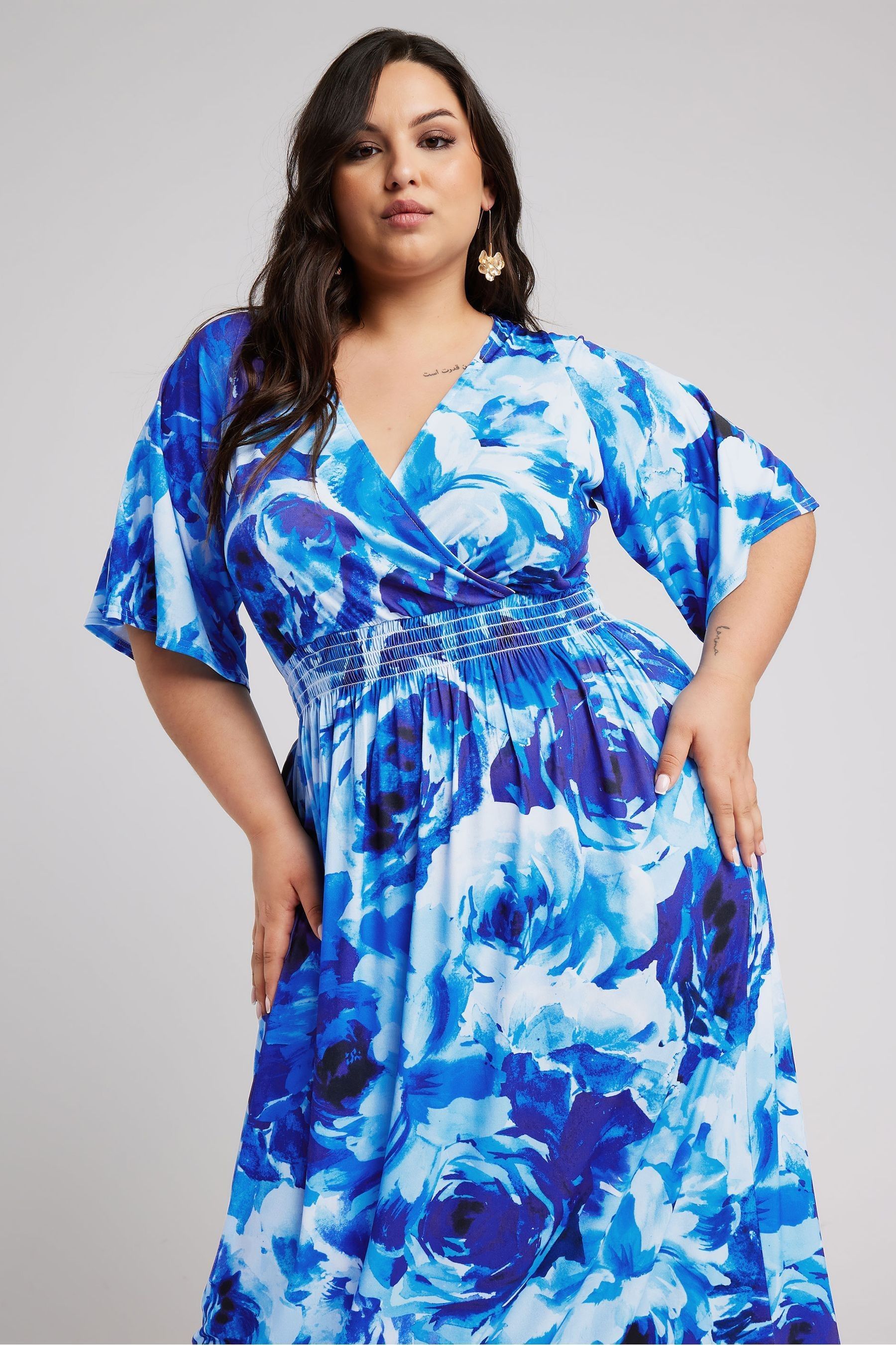 Buy Yours Curve Blue London Floral Angel Sleeve Maxi Dress from the ...