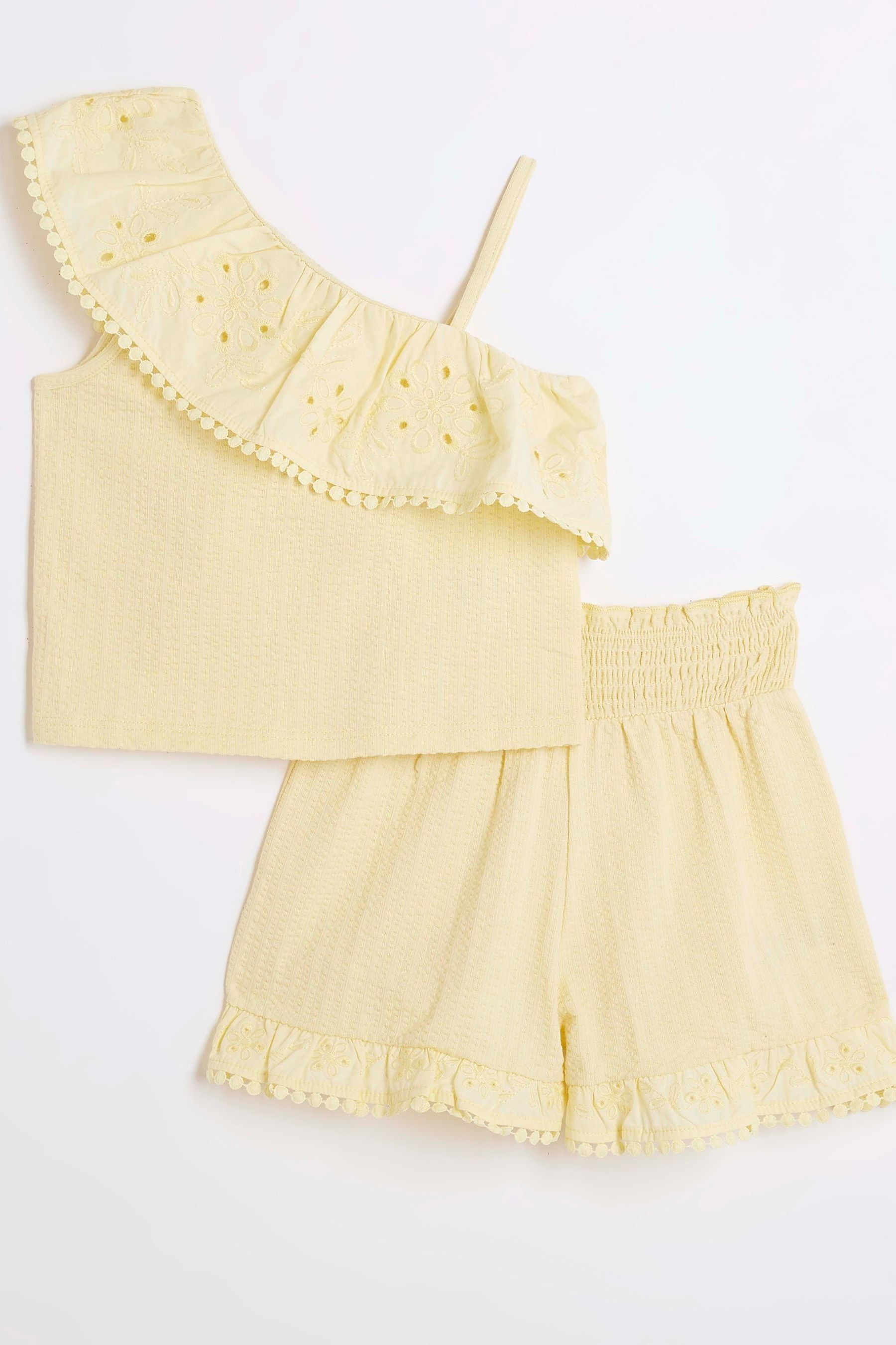 Buy River Island Yellow Girls 100% Cotton Broderie Top and Shorts Set ...