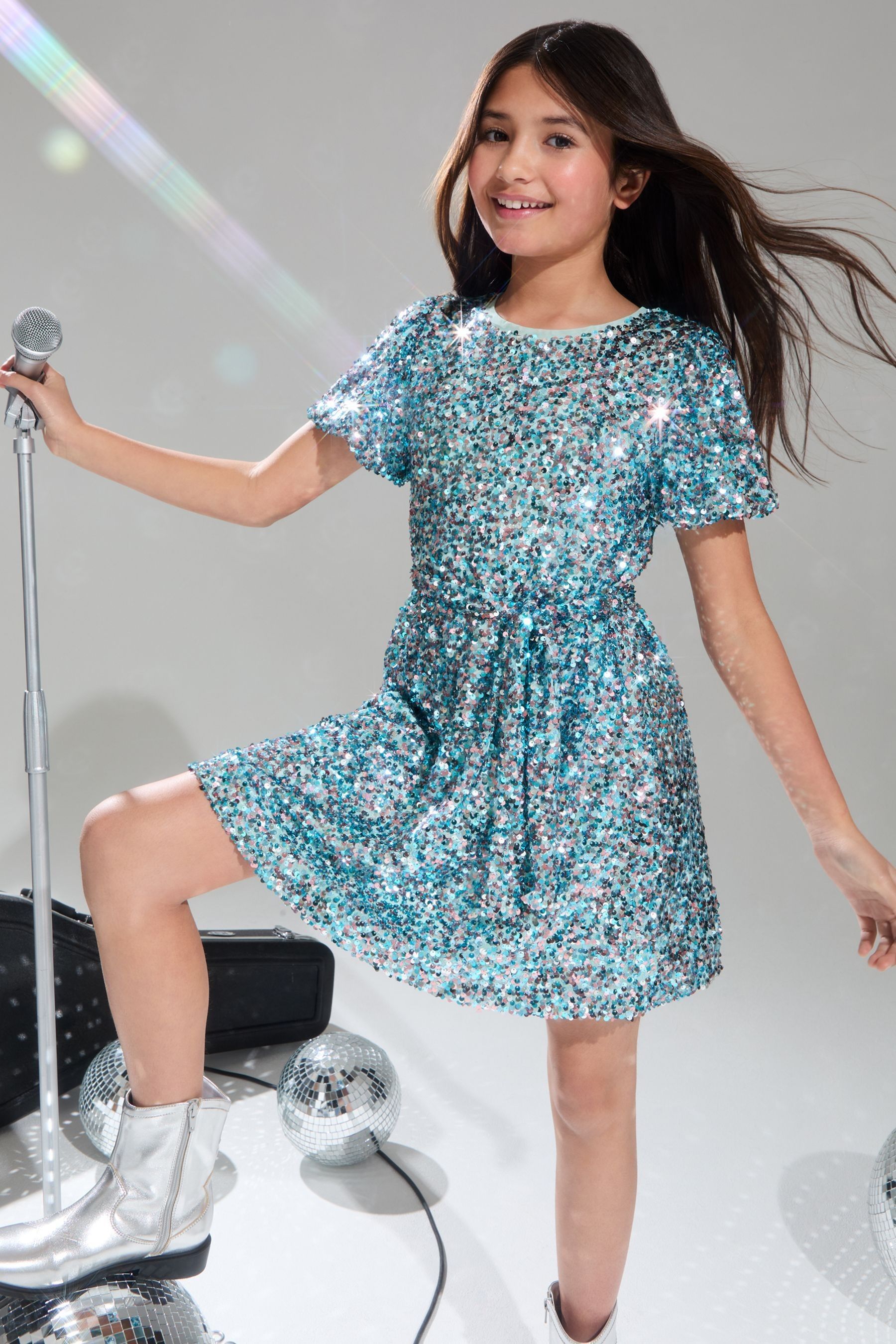 Buy Lipsy Blue Sequin Sparkle Puff Sleeve Party Dress (5-16yrs) from ...