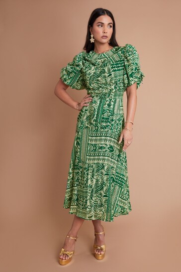 Buy Another Sunday Green Sparkle Aztec Puff Sleeve Midi Dress from the ...