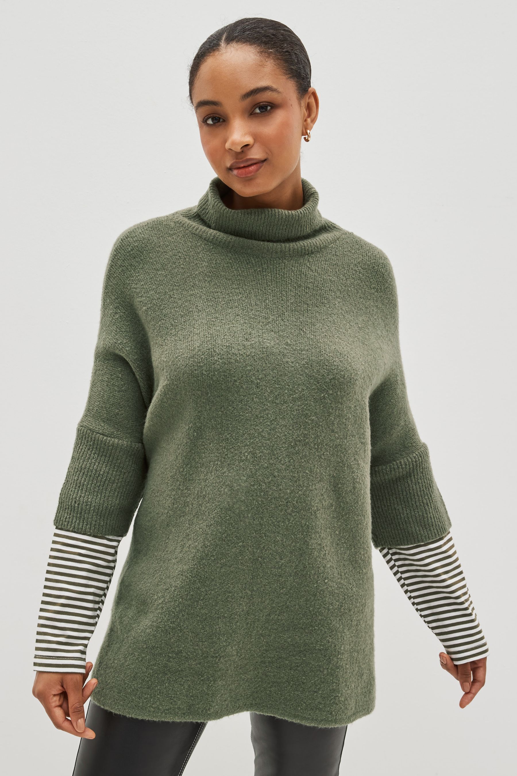 Buy Khaki/Green Knitted Poncho with Stripe Sleeve from the Next UK ...