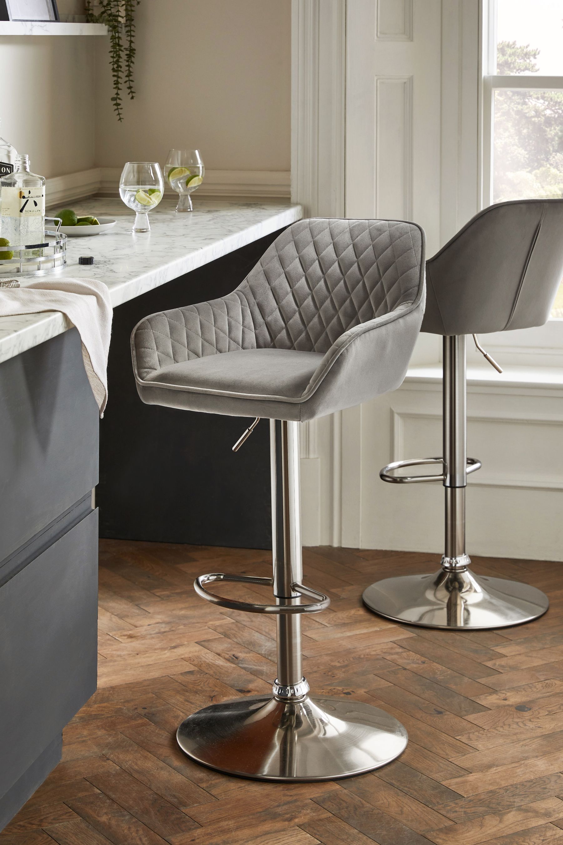 Buy Soft Velvet Mid Grey Hamilton Adjustable Height Quilted Kitchen Bar ...