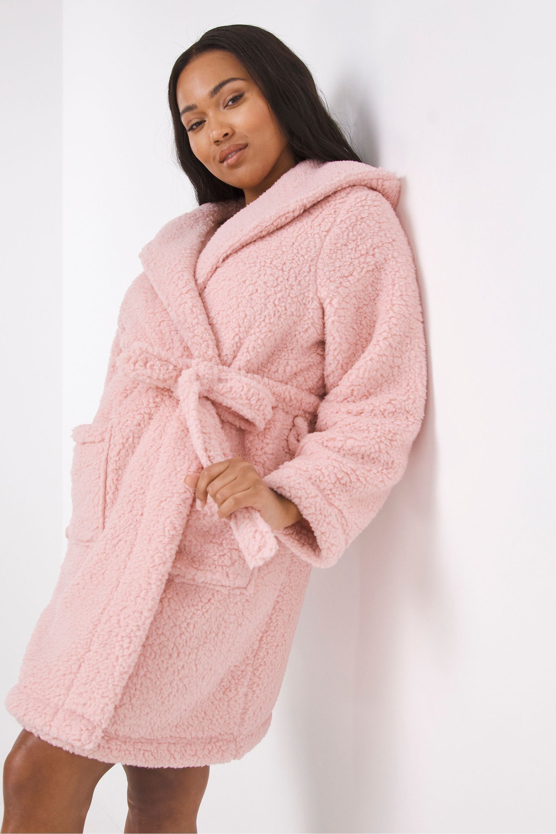 Buy Simply Be Pink Pretty Secrets Short Sherpa Hooded Dressing Gown ...