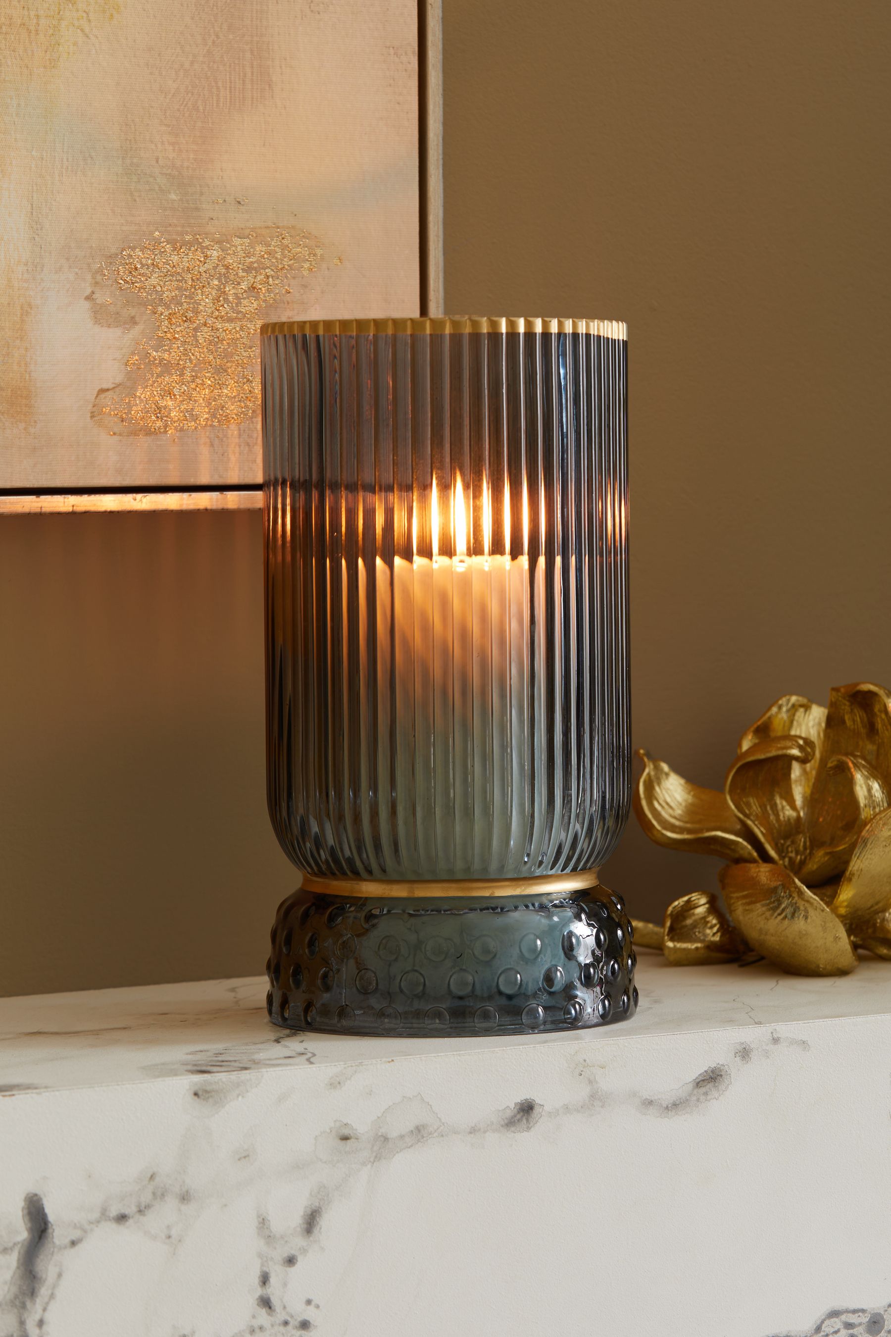 Buy Blue Ribbed Glass Hurricane Candle Holder Medium from the Next UK ...