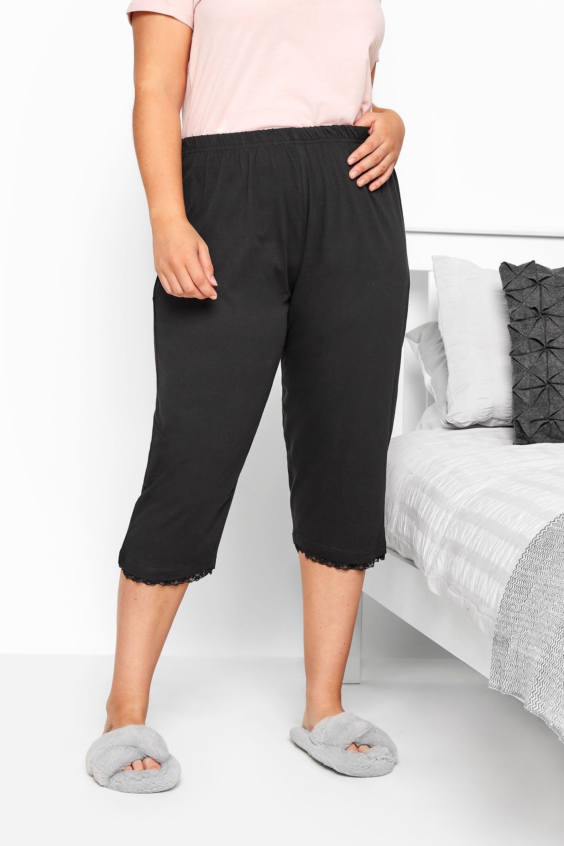 Buy Yours Curve Black Lace Trim Cropped 100% Cotton Pyjamas from the ...