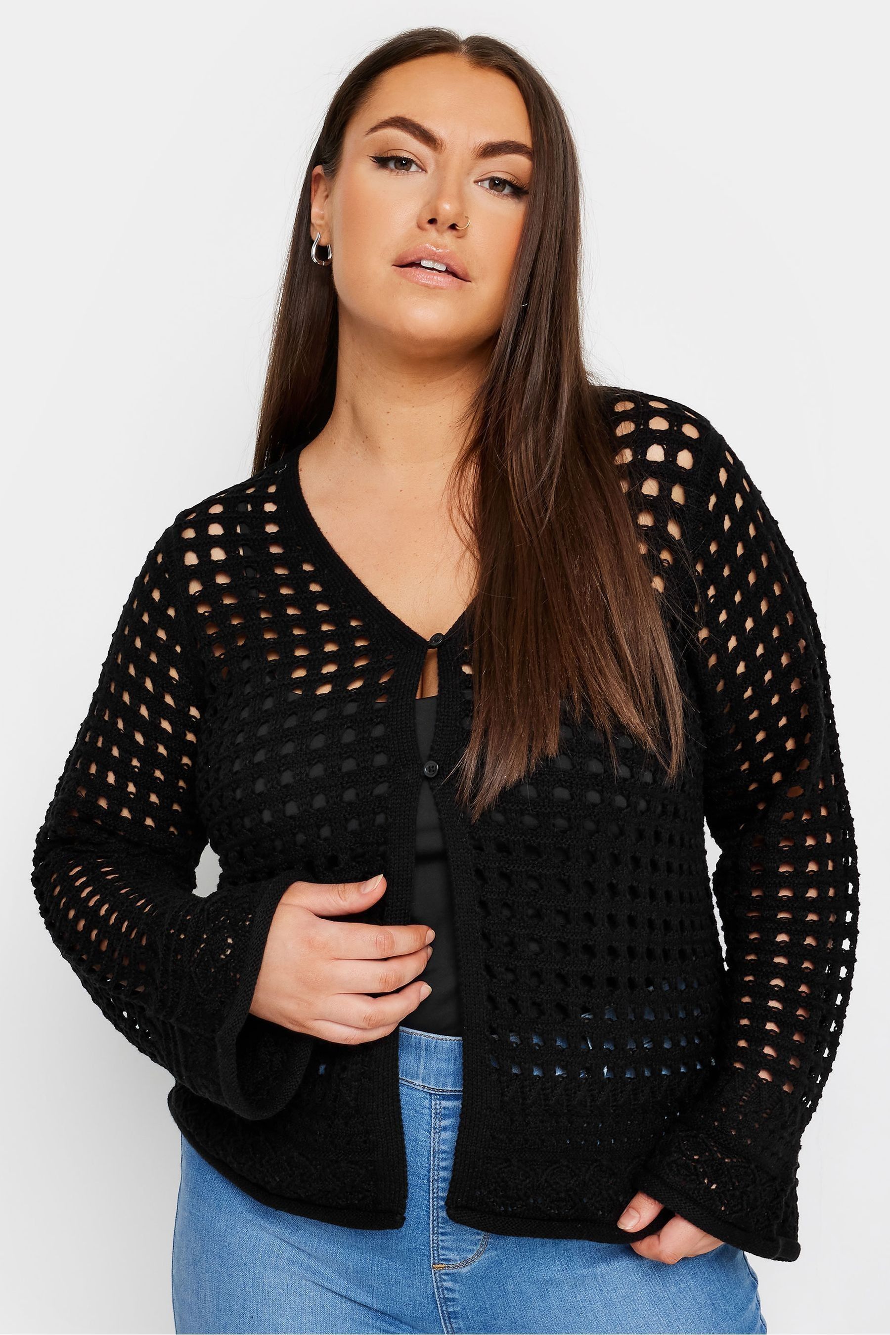 Buy Yours Curve Black Button Through Crochet Cardigan from the Next UK ...