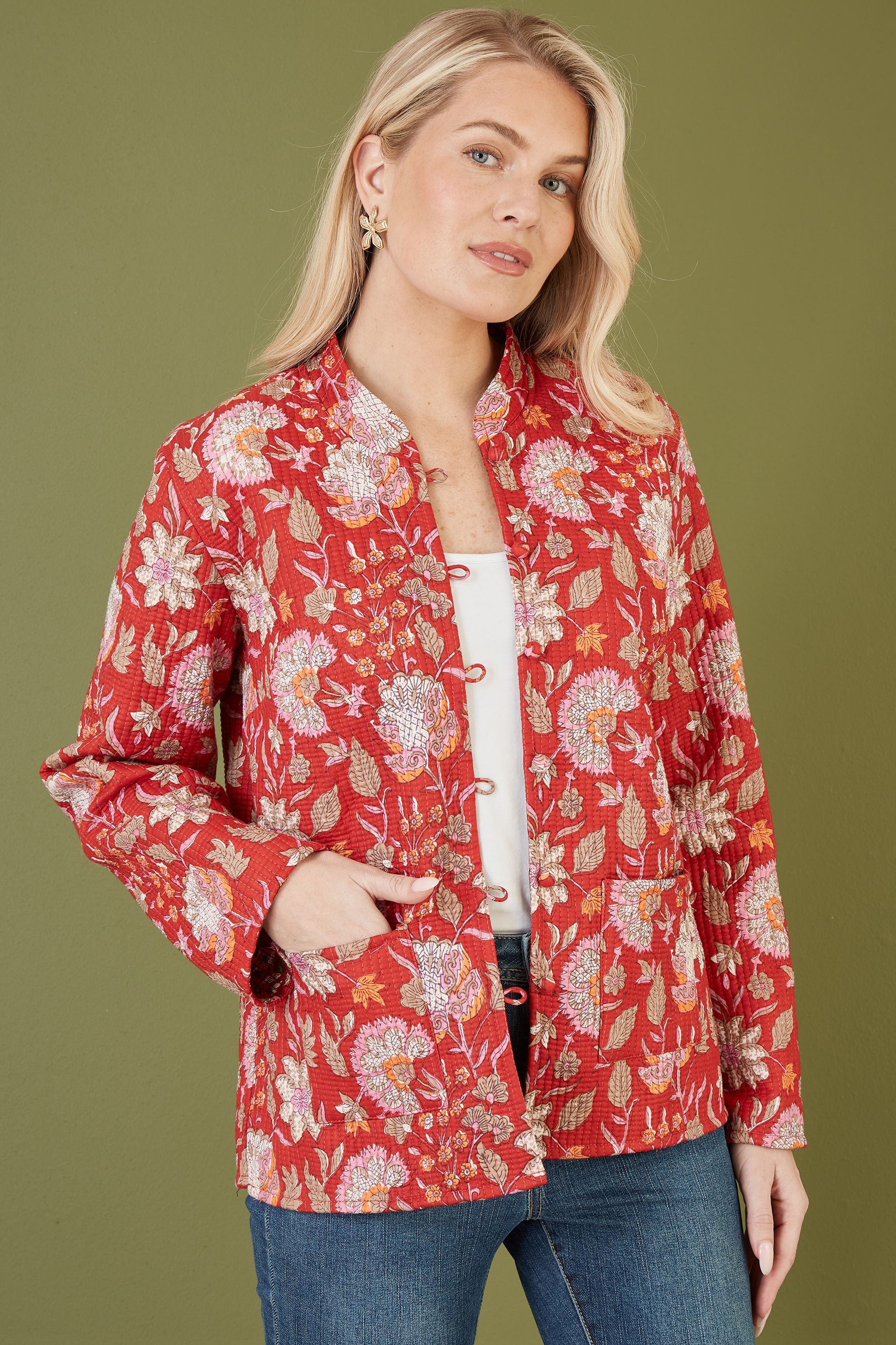 Buy Yumi Red Floral Print Reversible Cotton Quilted Jacket from the ...