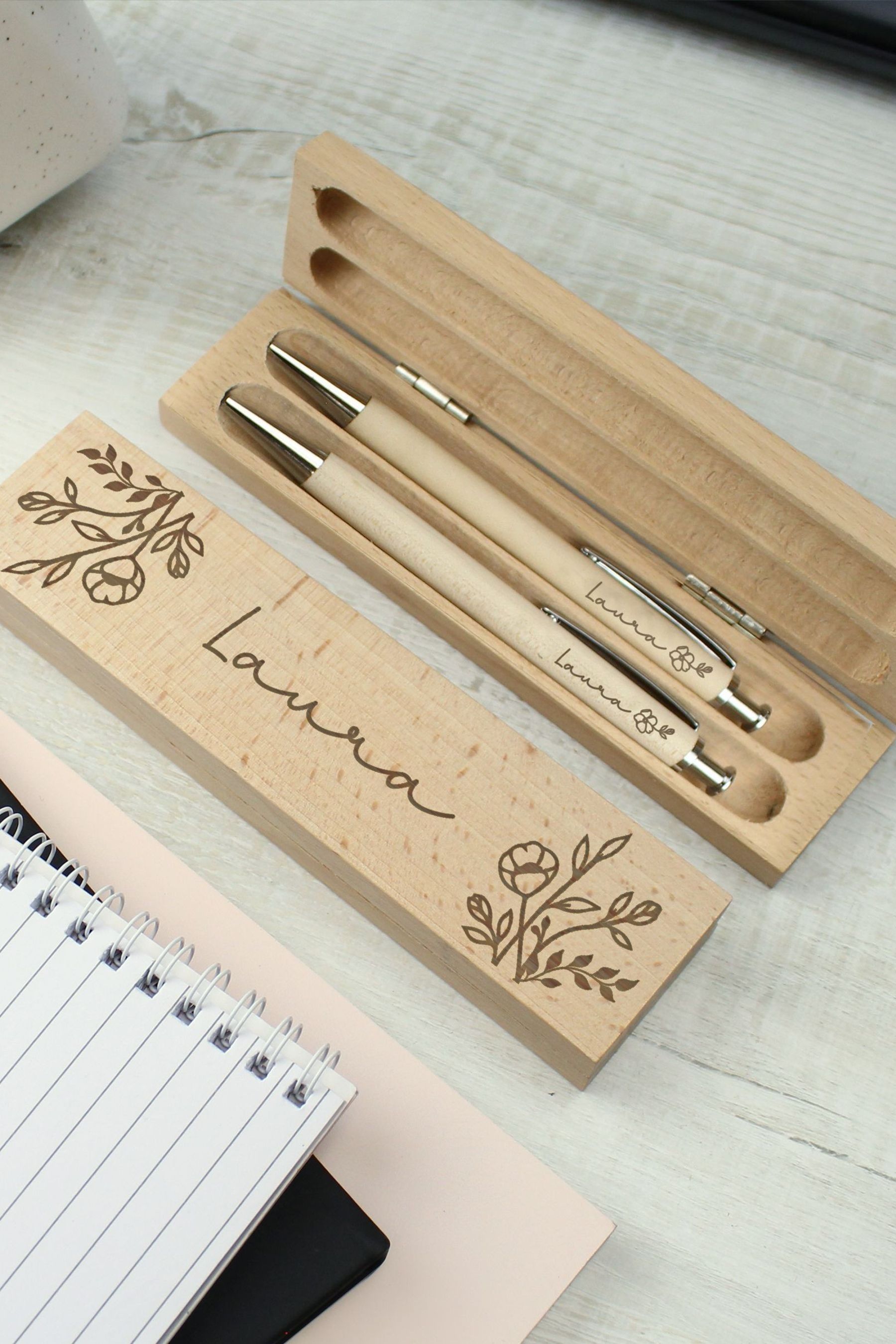 Buy Personalised Floral Wooden Pen & Pencil Box Set by PMC from the ...