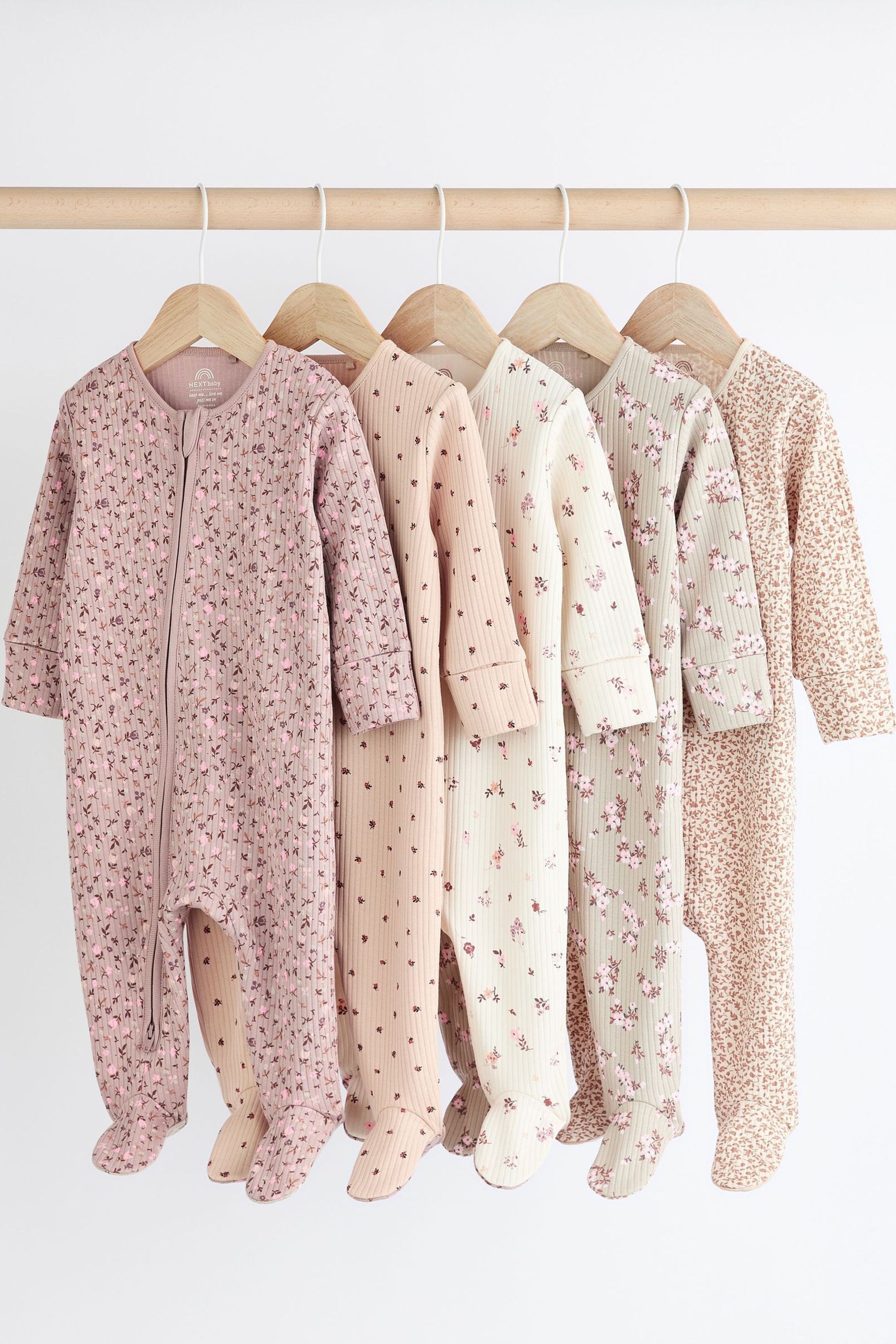 Buy Caramel Brown 100% Cotton Two Way Zip Baby Sleepsuits 5 Pack (0 ...
