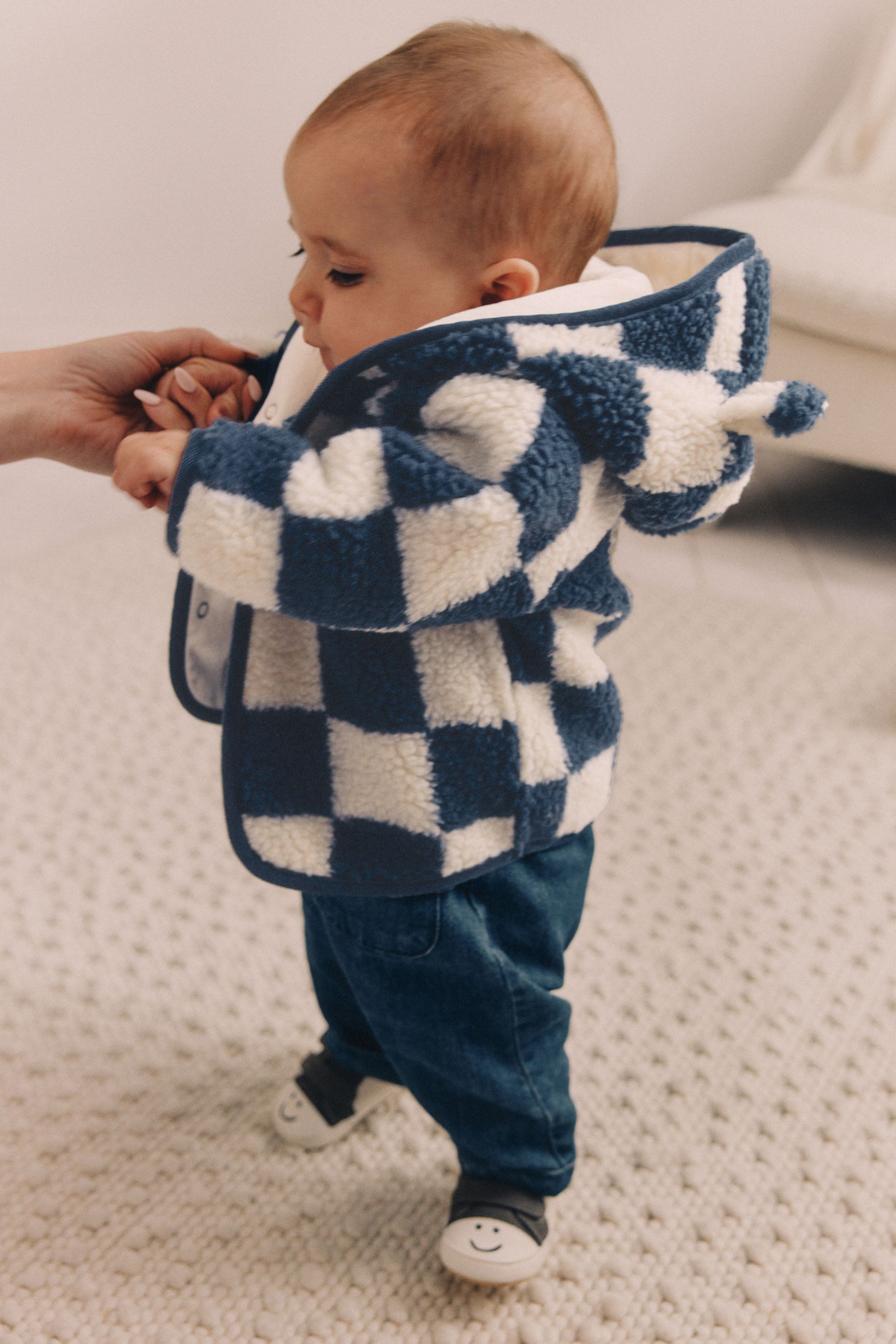 Buy Navy Blue Checkerboard Baby Borg Hooded Fleece Jacket (0mths-2yrs ...