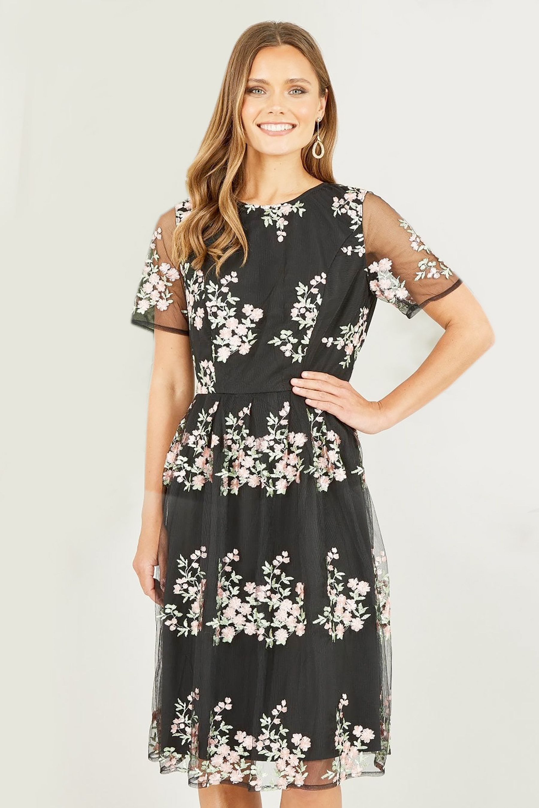 Buy Yumi Black Embroidered Floral Skater Dress from the Next UK online shop