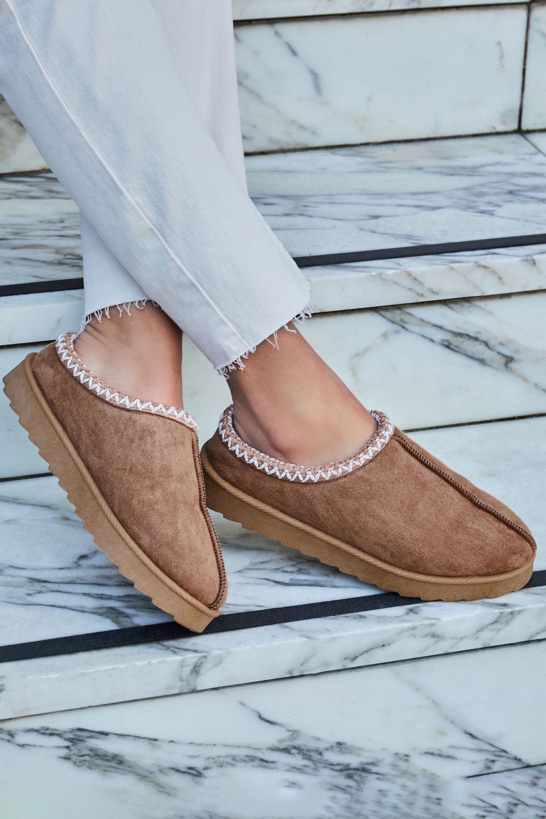 Buy Linzi Brown Tana Faux Suede Slip-On Slippers With Aztec Style ...