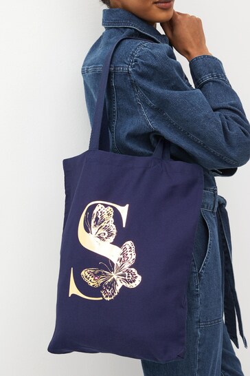 Buy Navy Blue Cotton Reusable Monogram Bag For Life from the Next UK ...