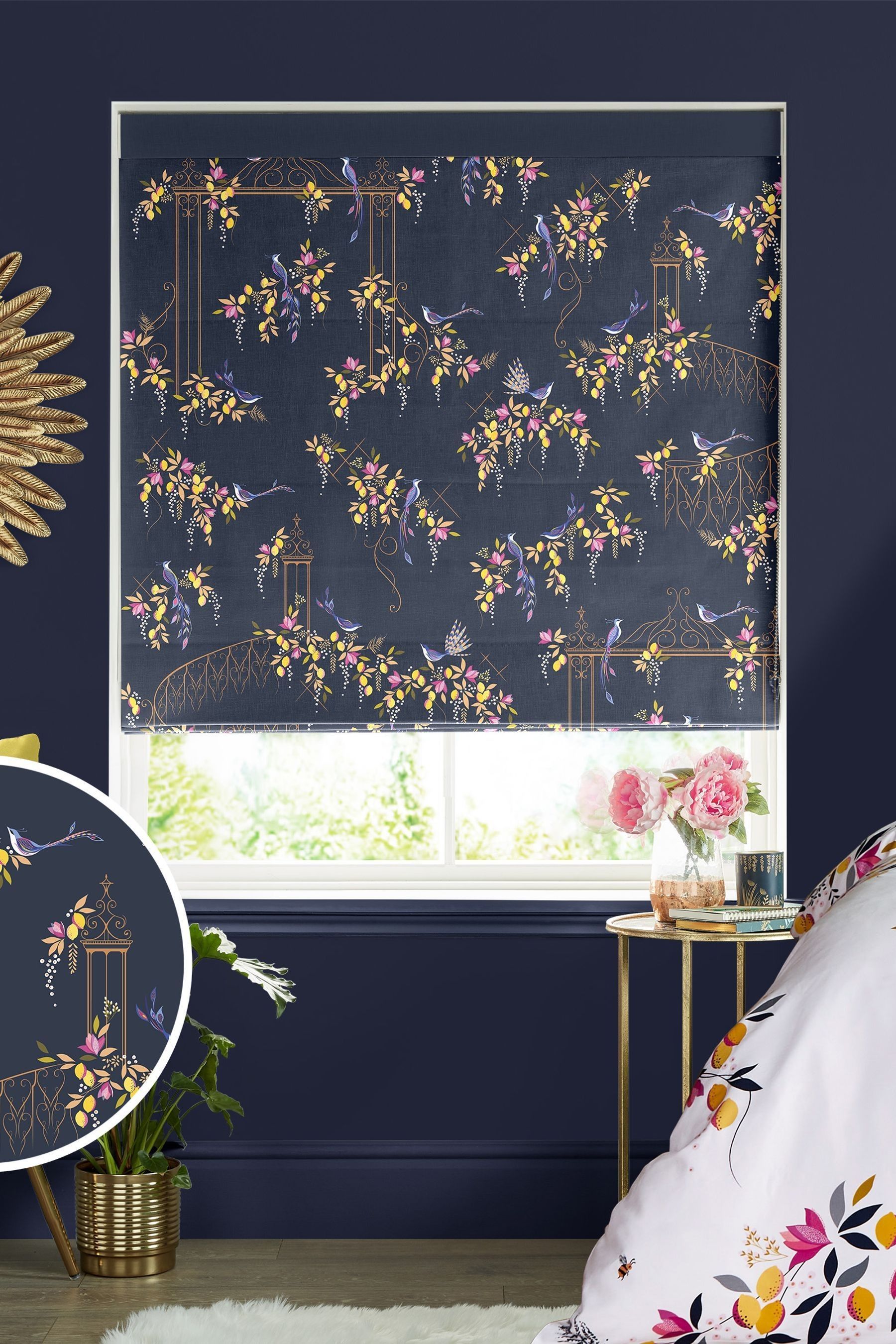 Buy Sara Miller Navy 100% Cotton Birds & Gate Made to Measure Roman ...