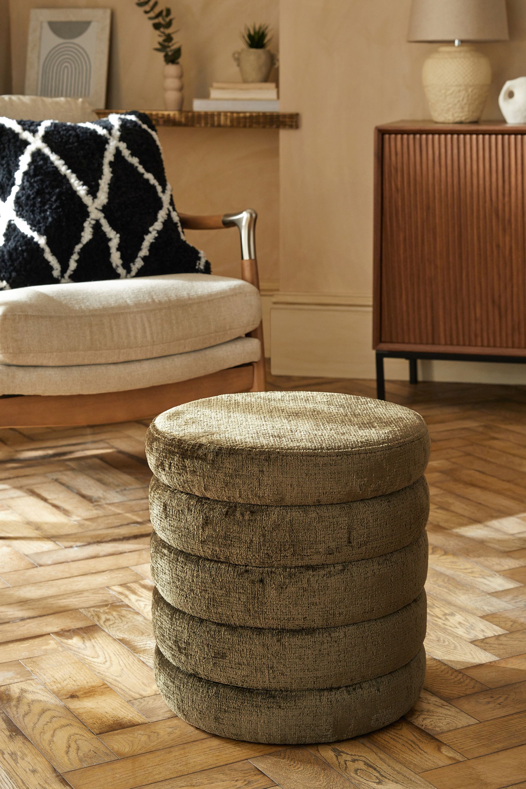 Buy Plush Chenille Moss Green Stella Ribbed Storage Stool from the Next ...