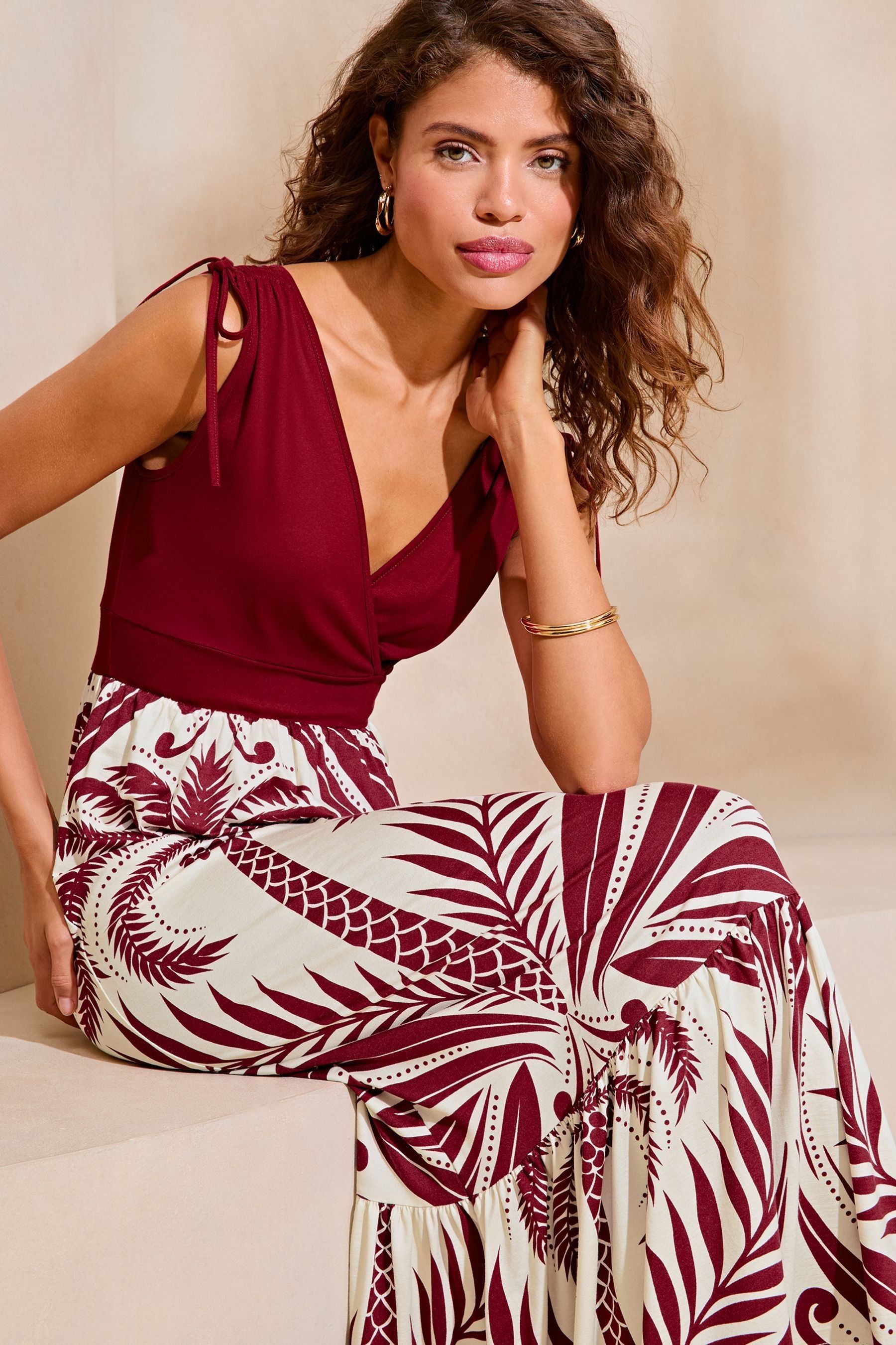 Buy Lipsy Burgundy Red Jersey 2 in 1 Printed Summer Holiday Maxi Dress ...