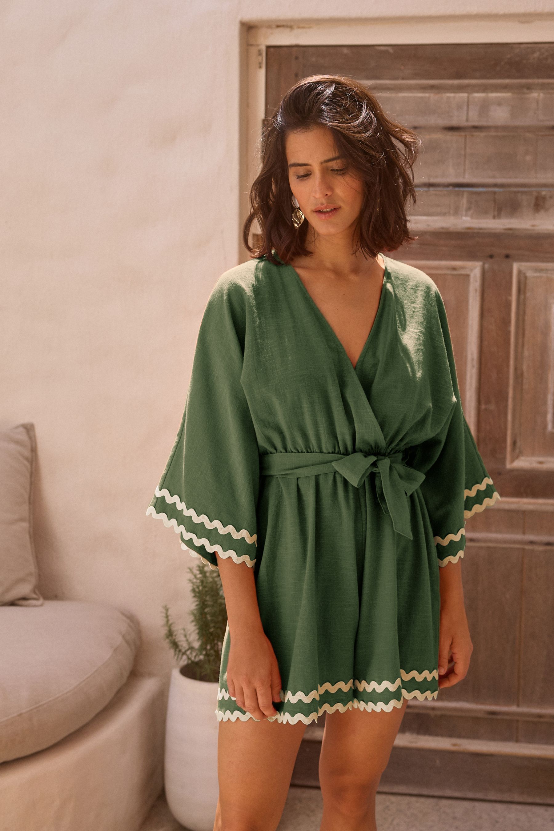 Buy Khaki Green 100% Cotton Wrap Rik Rak Belted Playsuit from the Next ...