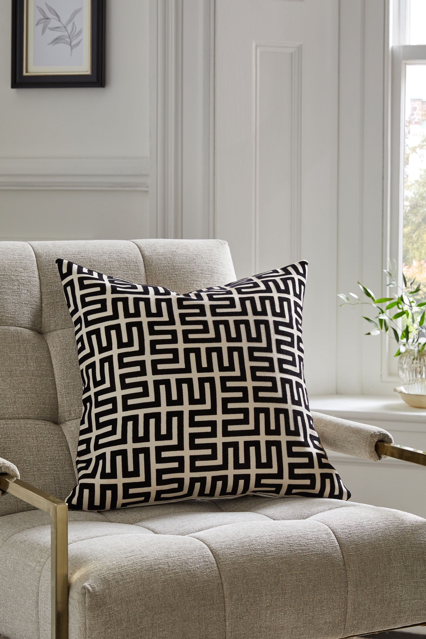 Buy Monochrome 50 x 50cm Geometric Flock Large Oblong Cushion from the ...