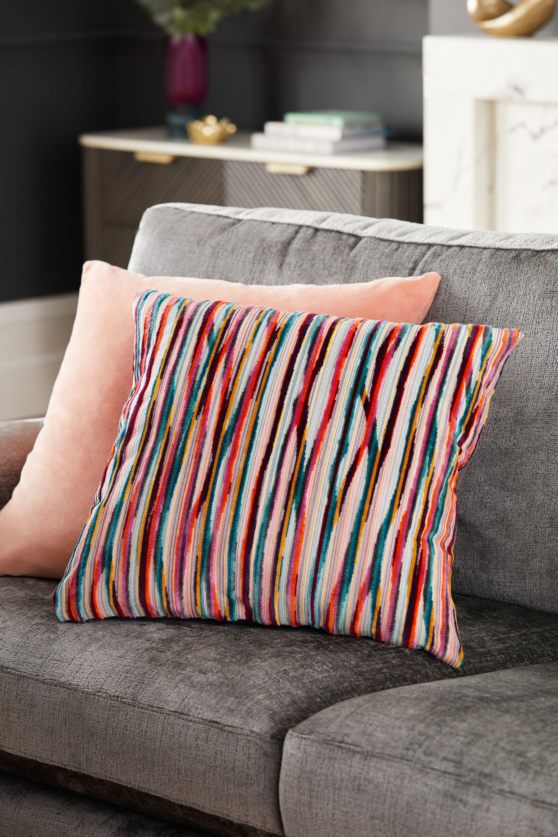 Buy Multi Bright 59 x 59cm Cut Velvet Stripe Cushion from the Next UK ...