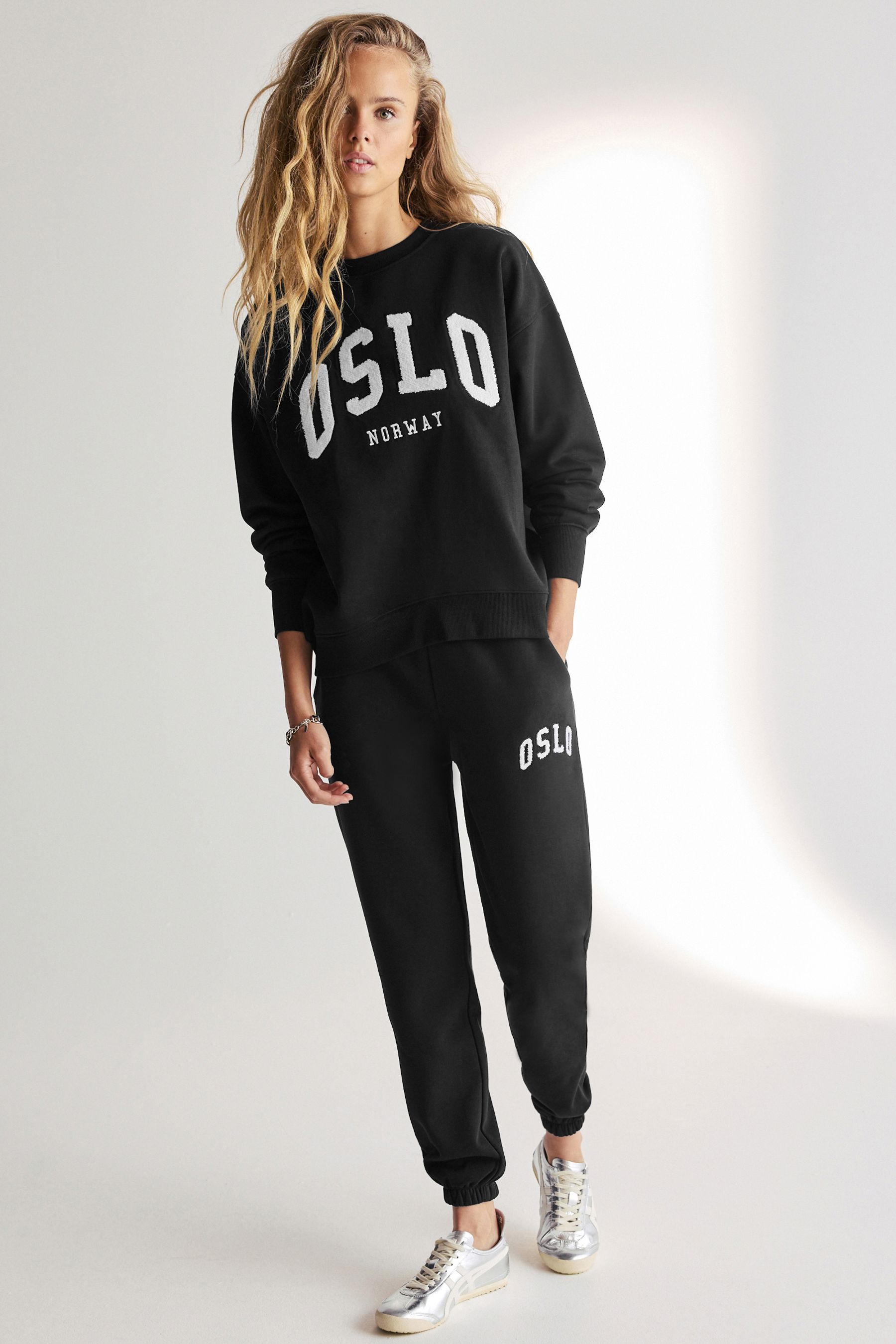 Buy Black Bouclé Detail City Graphic Oslo Slogan Cuffed Joggers from ...