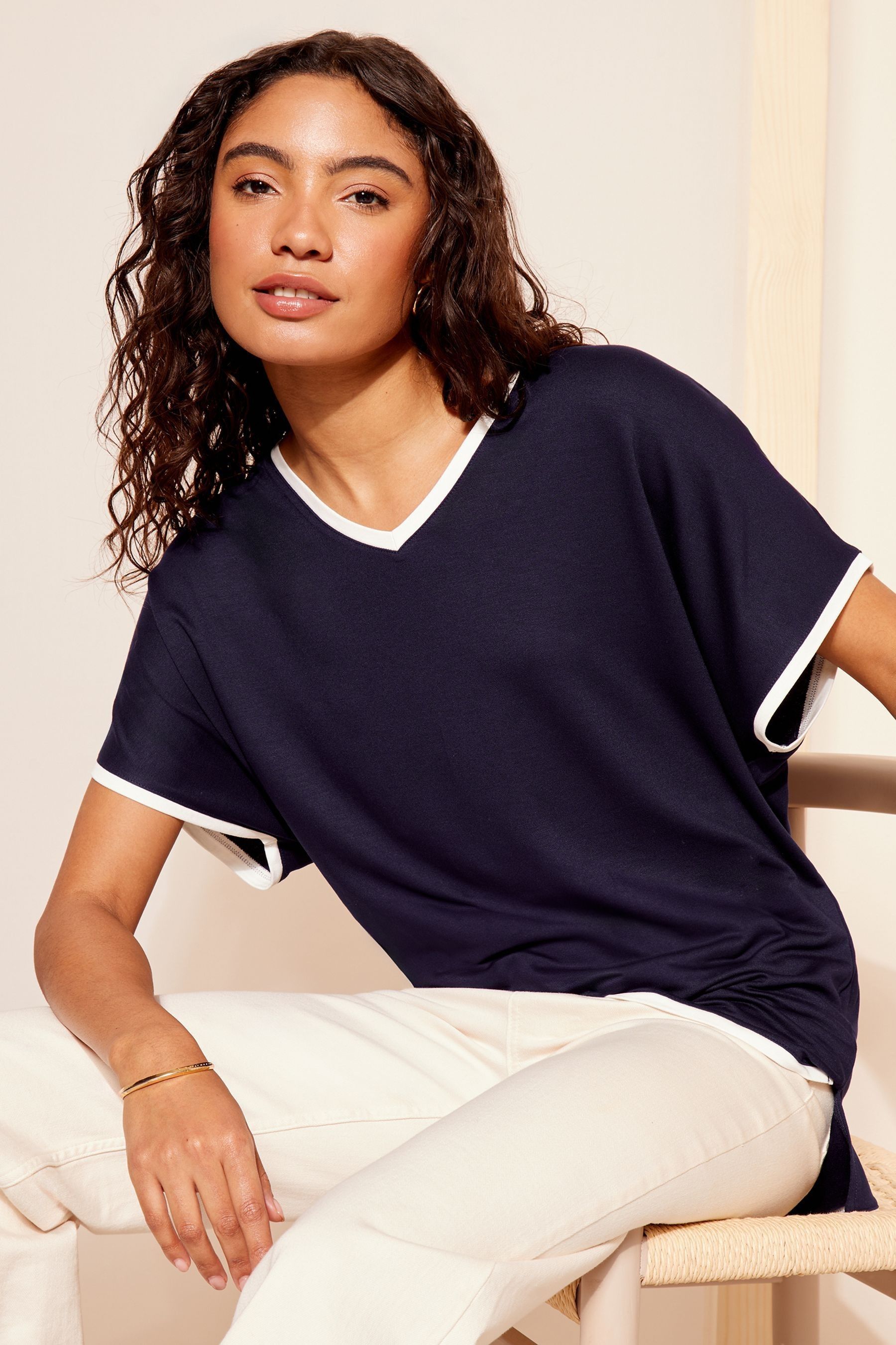 Buy Friends Like These Navy Blue And White Short Sleeve V Neck Tunic ...