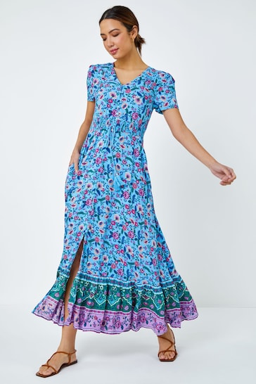 Buy Roman Blue Navy Floral Print Shirred Waist Maxi Dress From The Next