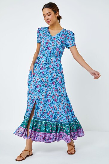 Buy Roman Blue Navy Floral Print Shirred Waist Maxi Dress From The Next